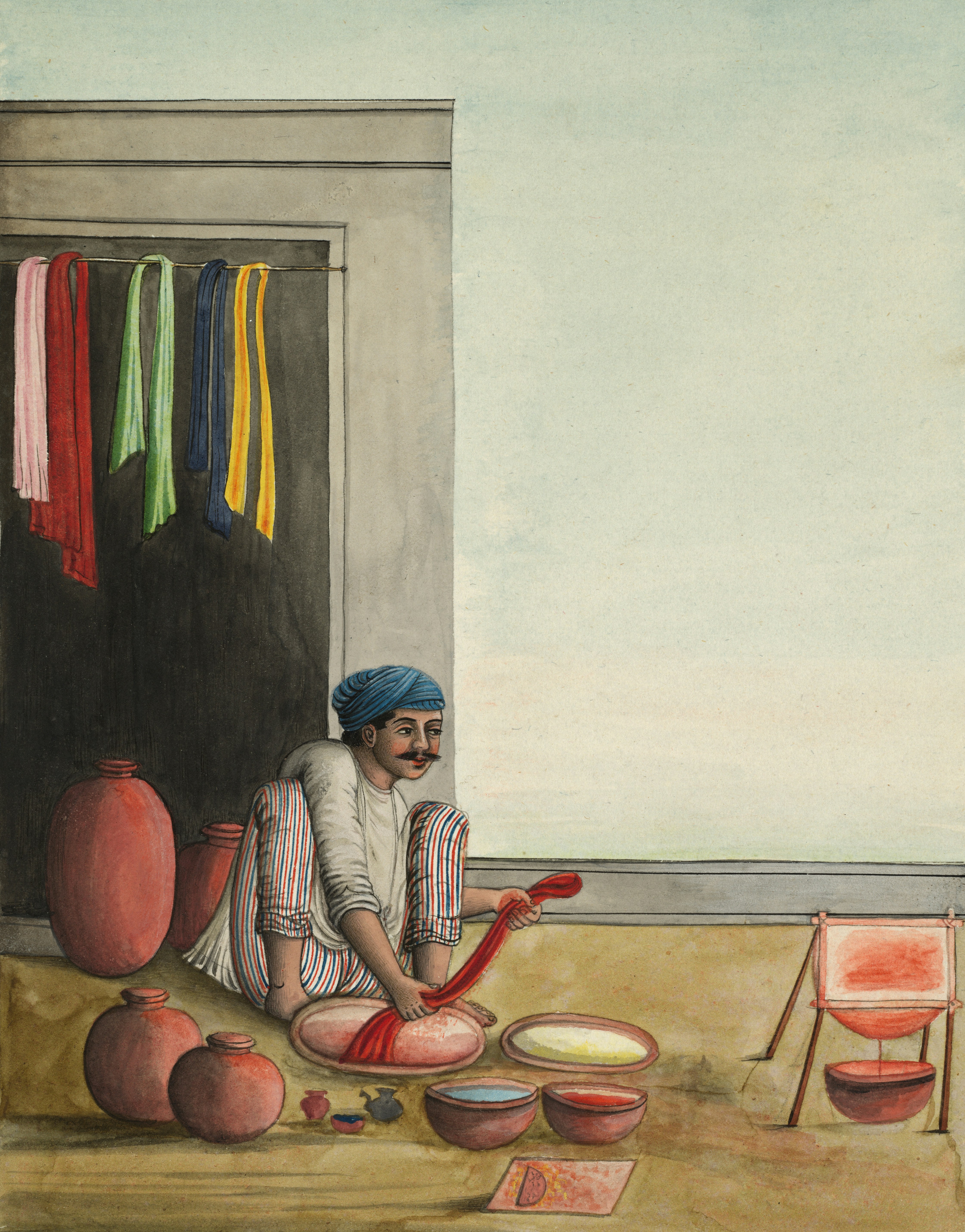 Man Dyeing Cloth early 1830s This object has related works. See Dog Walker India, Company School, Lucknow, 19th century Gum tempera and ink on paper Overall: 22.2 x 15.9 cm (8 3/4 x 6 1/4 in.) Seventy-fifth anniversary gift of William E. Ward in memory of his wife, Evelyn Svec Ward 1992.142 https://www.clevelandart.org/art/1992.142
