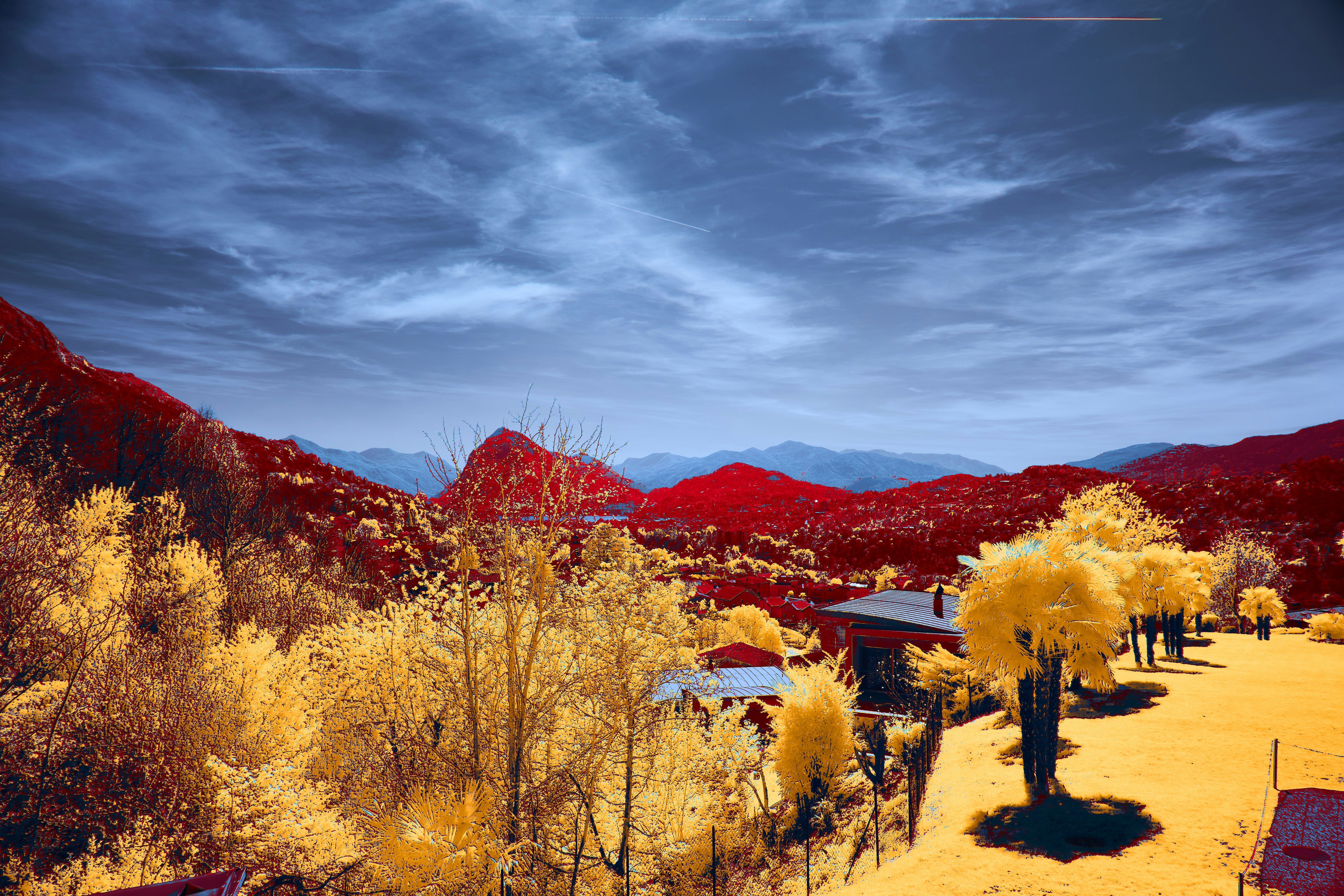 Infrared Dawn over Golden Pines and Crimson Peaks