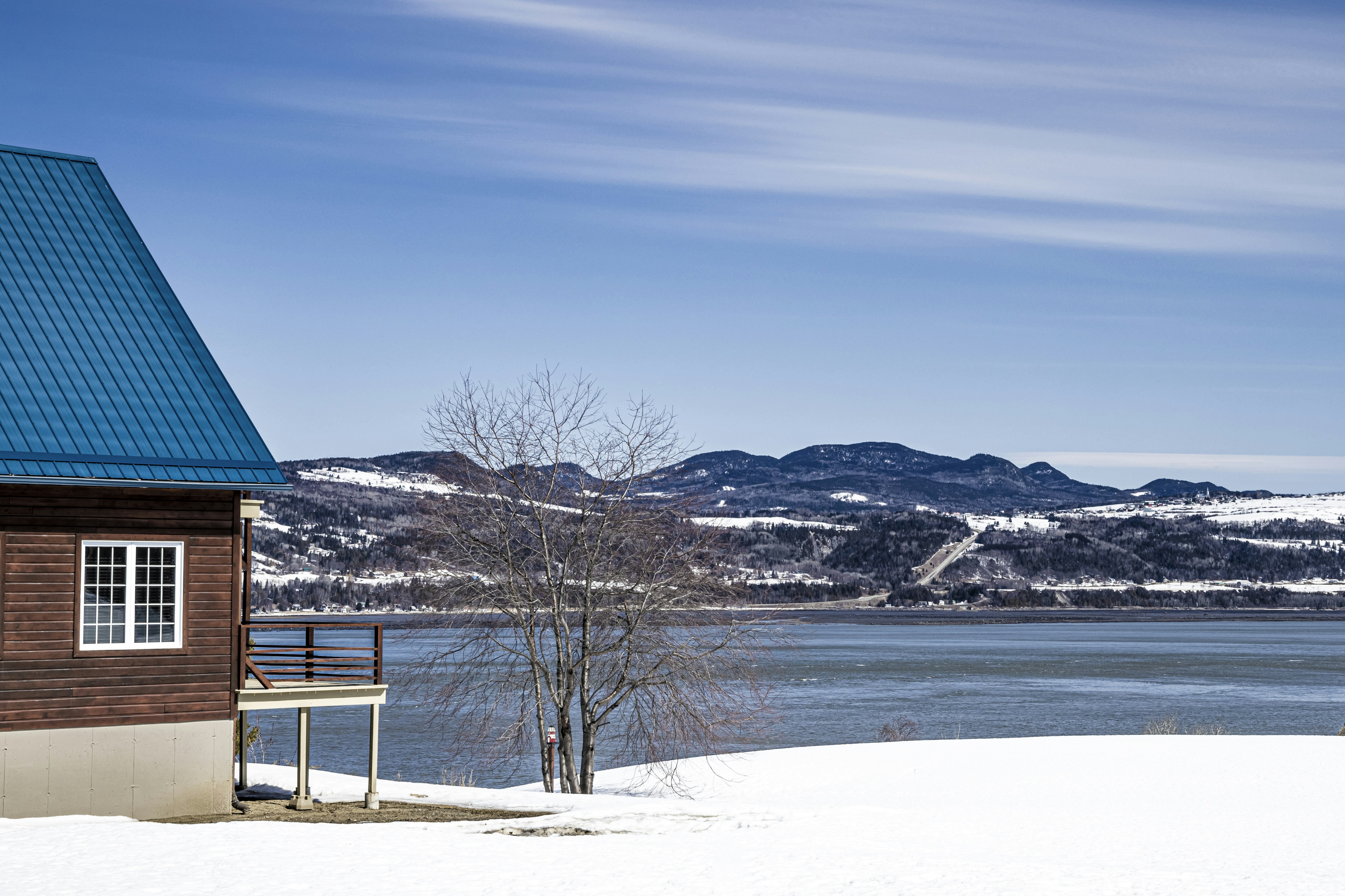 Blue Roof, Quiet Lake: A Winter Cabin at the Snow-Washed Shore