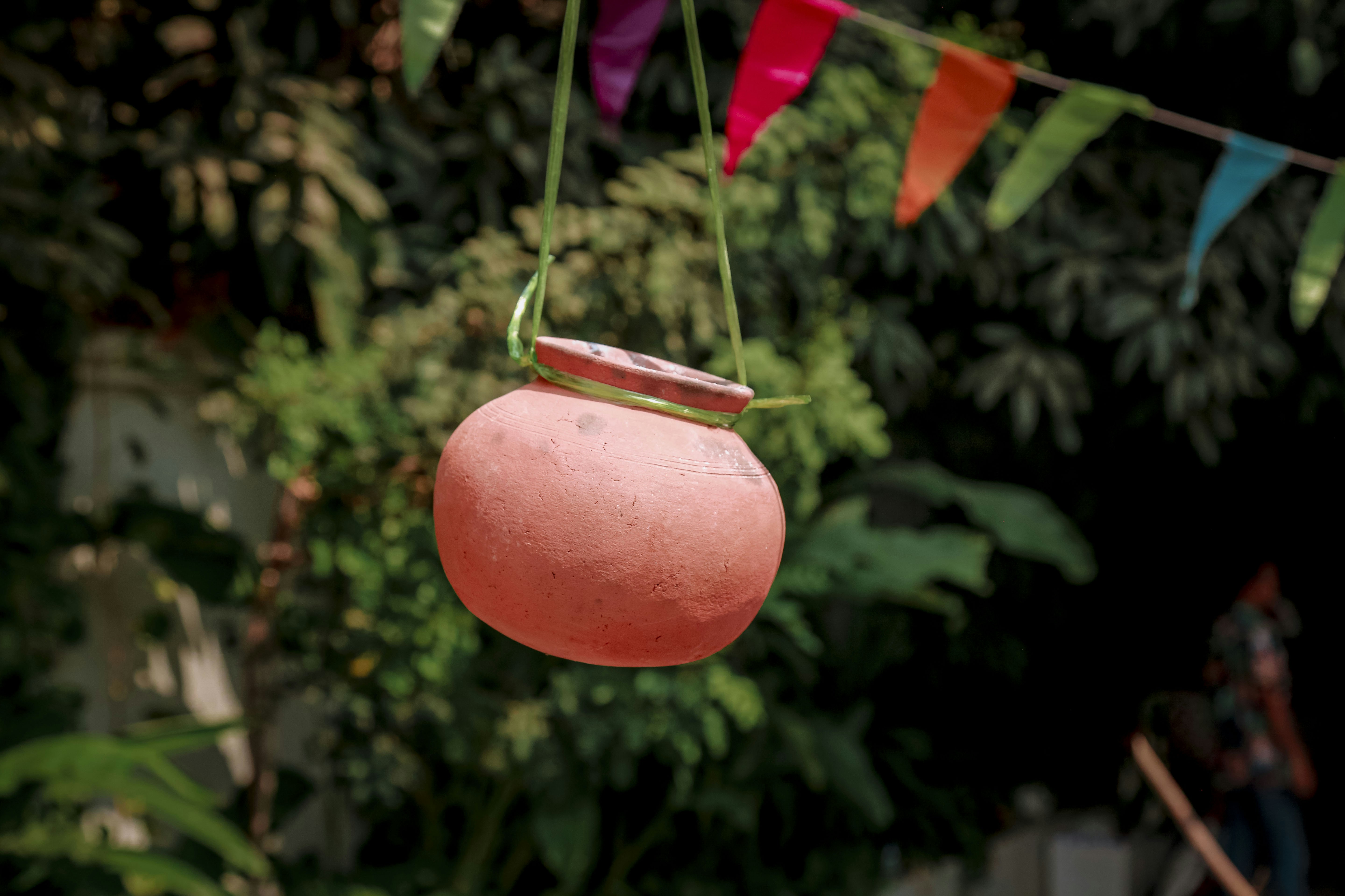 A pink pot hanging from a line of colorful flags photo – Free Thetpic ...