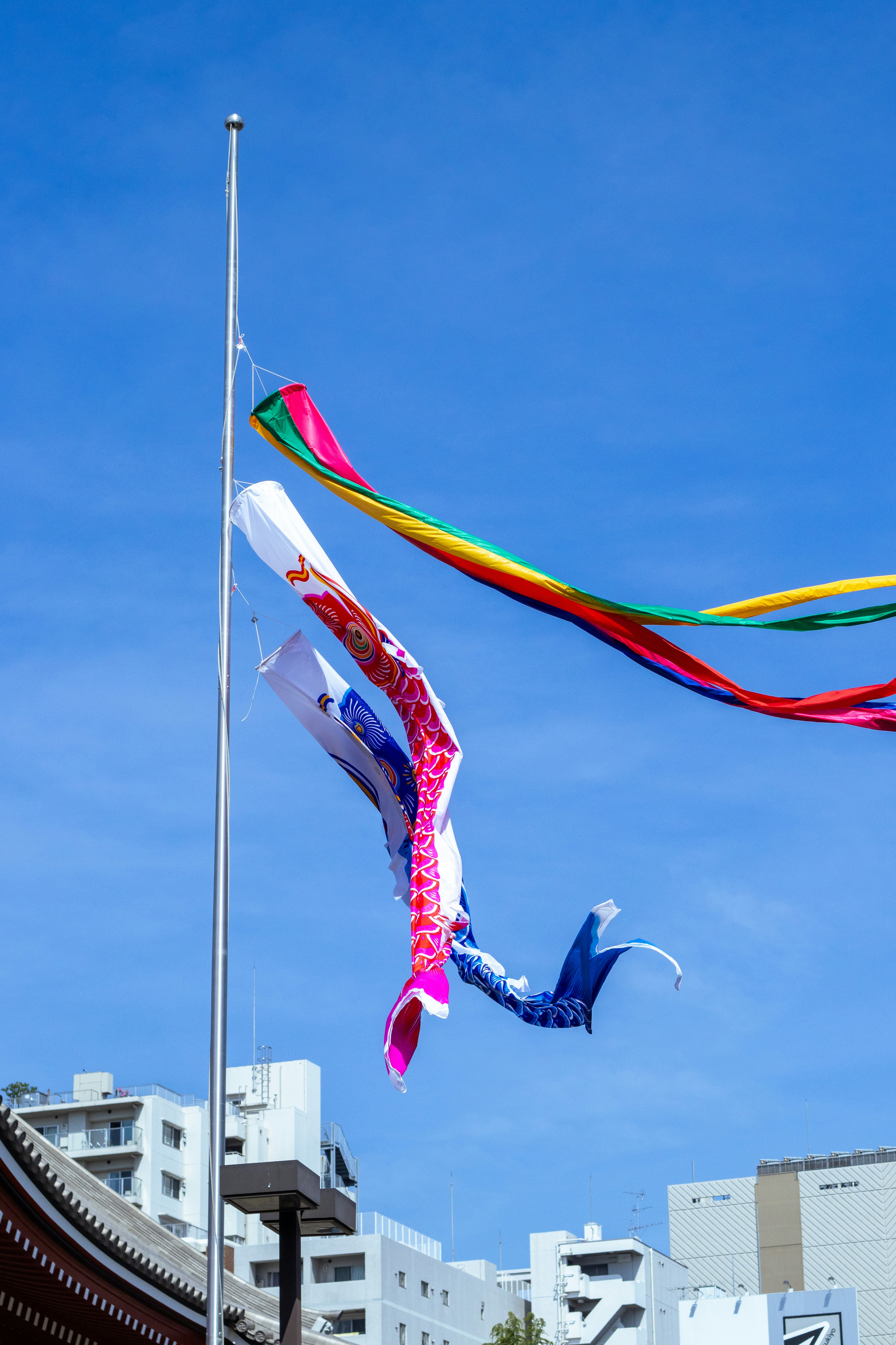 Kite-Colored Flags Against a Clear Urban Sky
