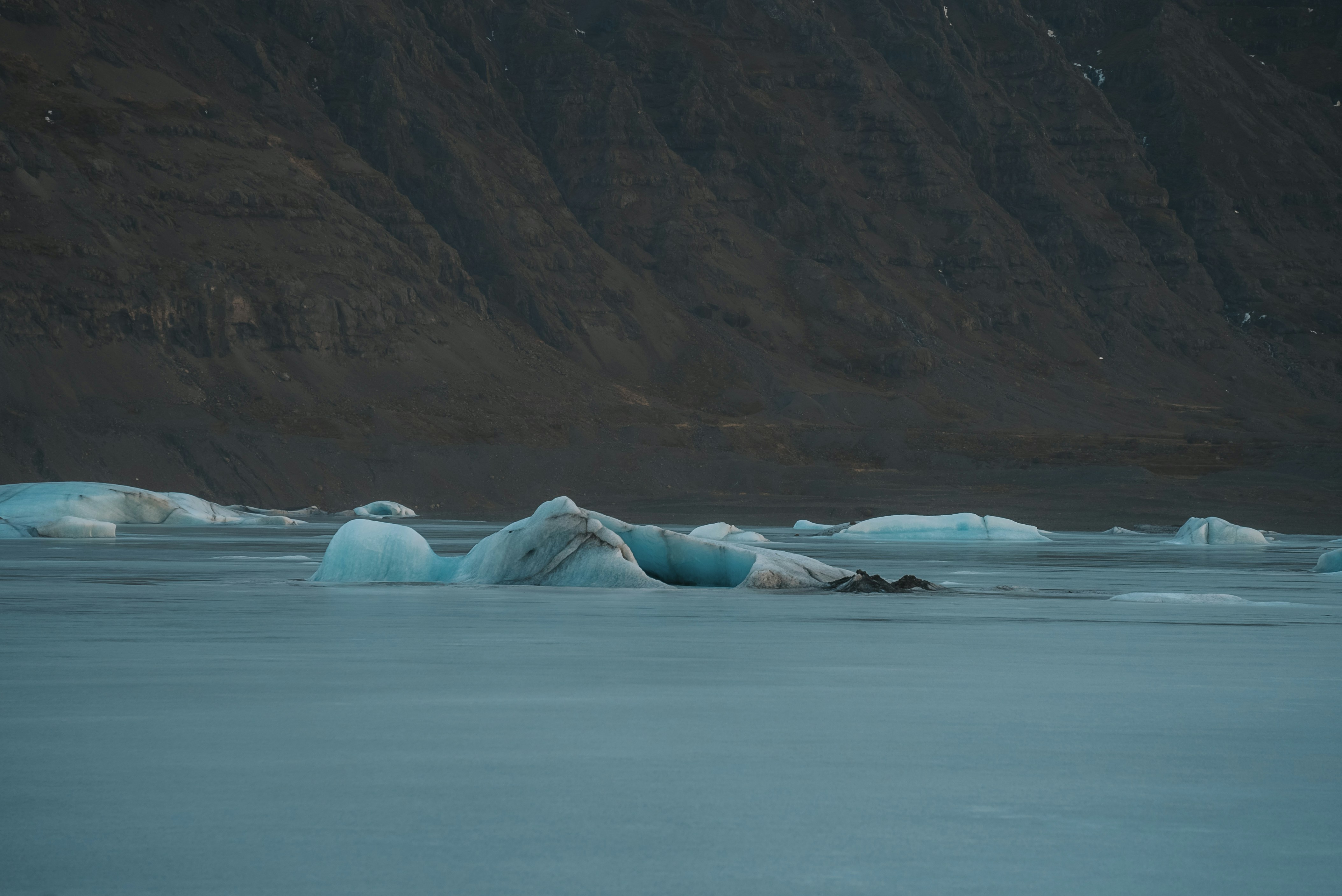 Blue Quiet on the Fjord: Ice Floes Framed by Shadowed Peaks