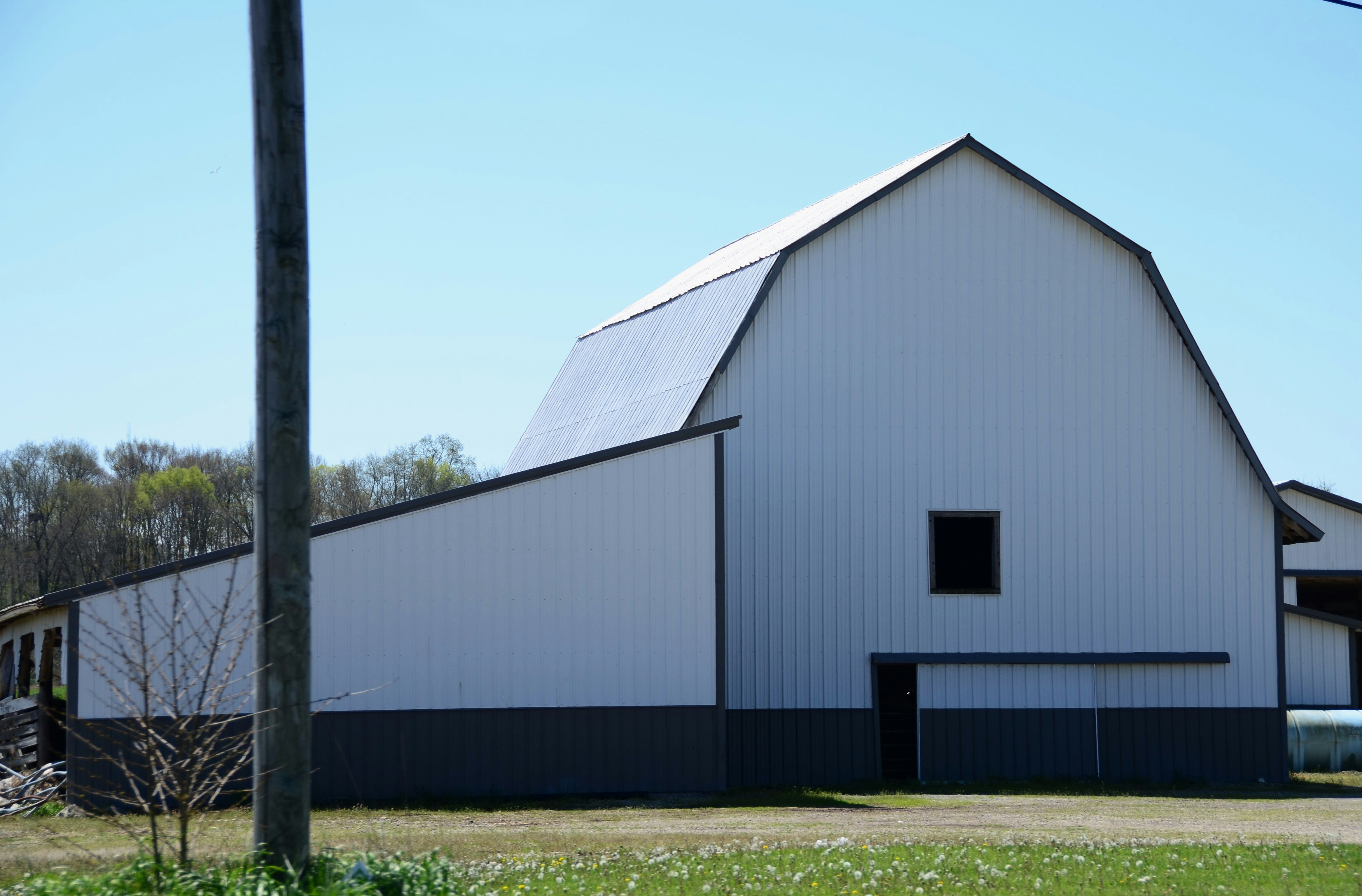 A large white barn sitting next to a green field photo – Free Grey ...