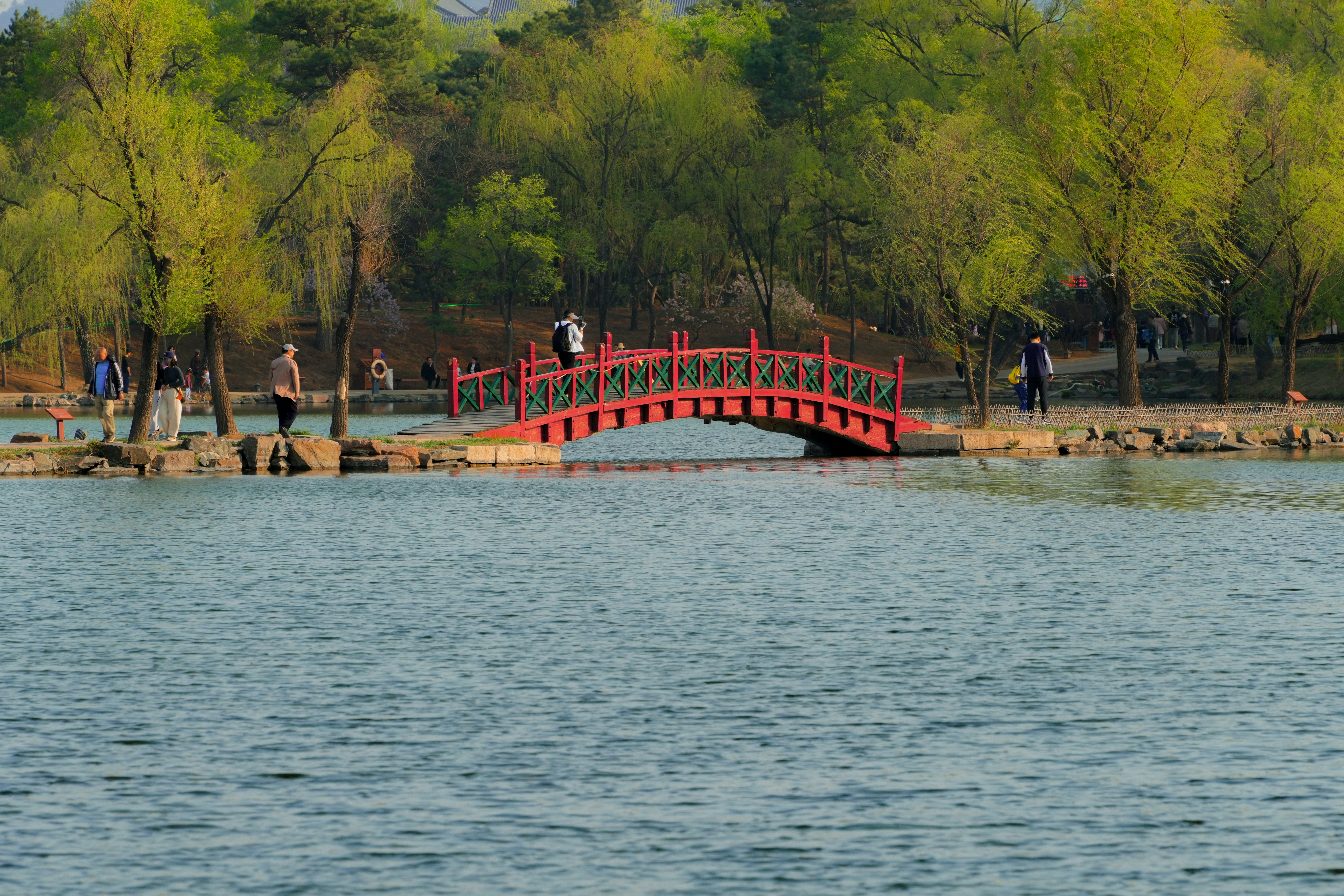Red arched bridge spans a tranquil lake with lush trees in the background.