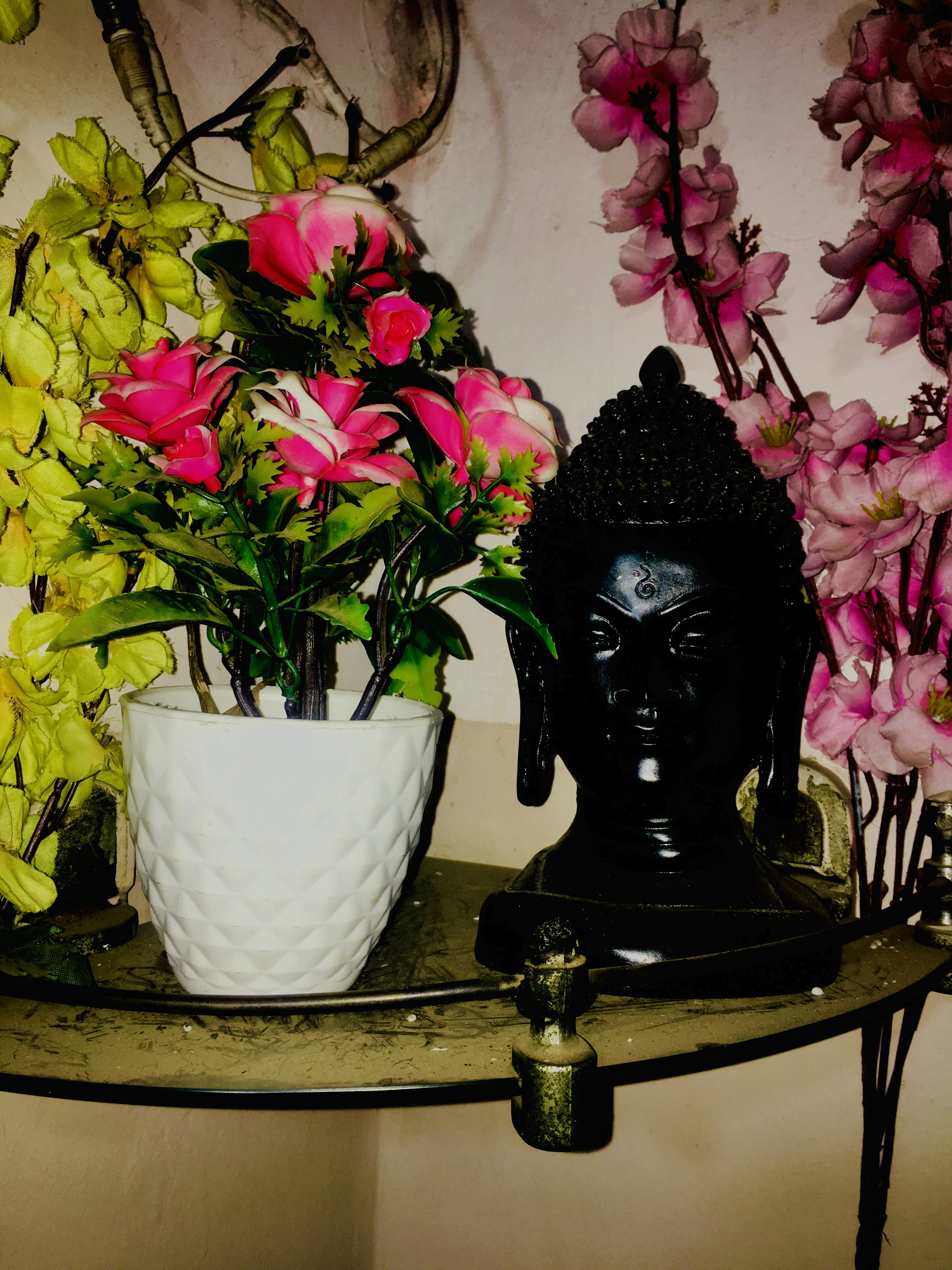 Silent Buddha Enlightenment beside Bright Florals