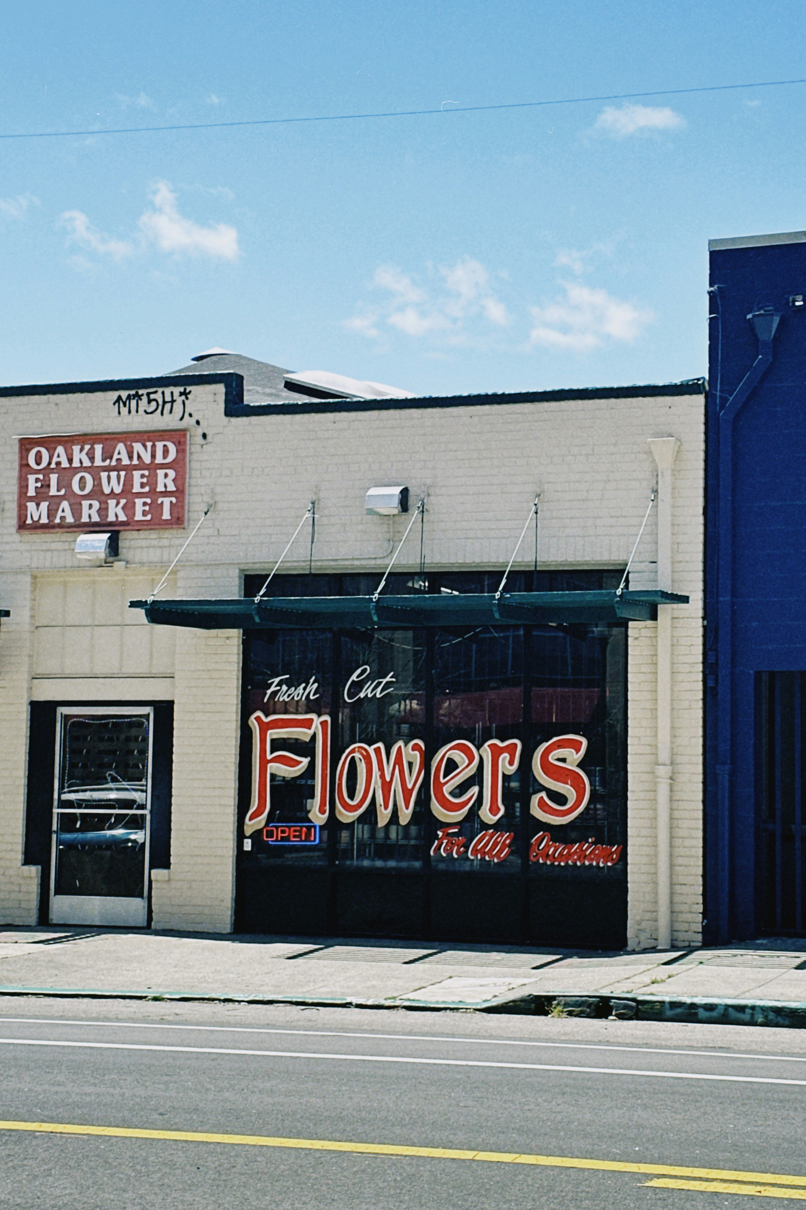 Sunlit Oakland Flower Market: Bold Signage on a Quiet Street