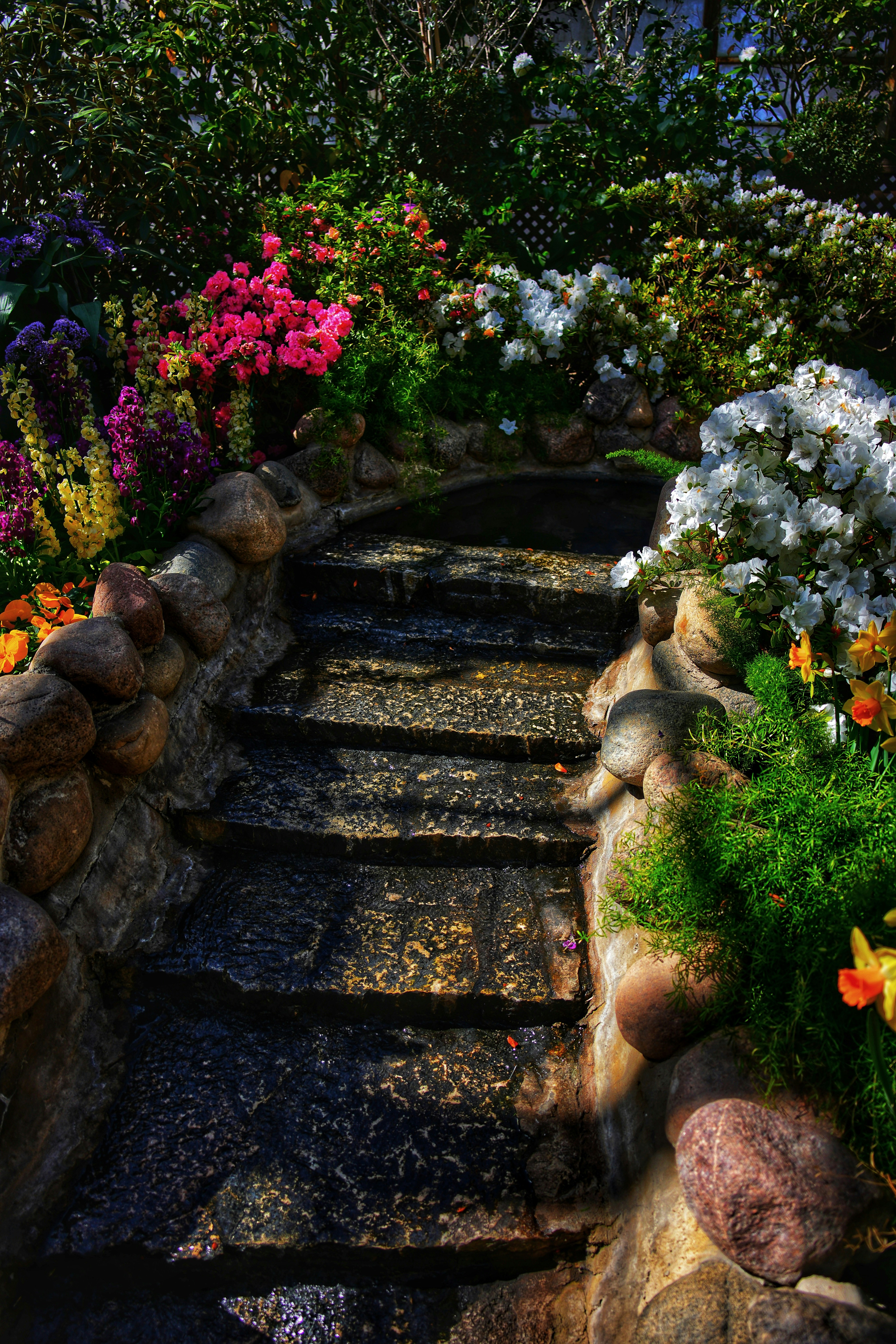 Sunlit Stone Staircase Framed by Spring Blooms