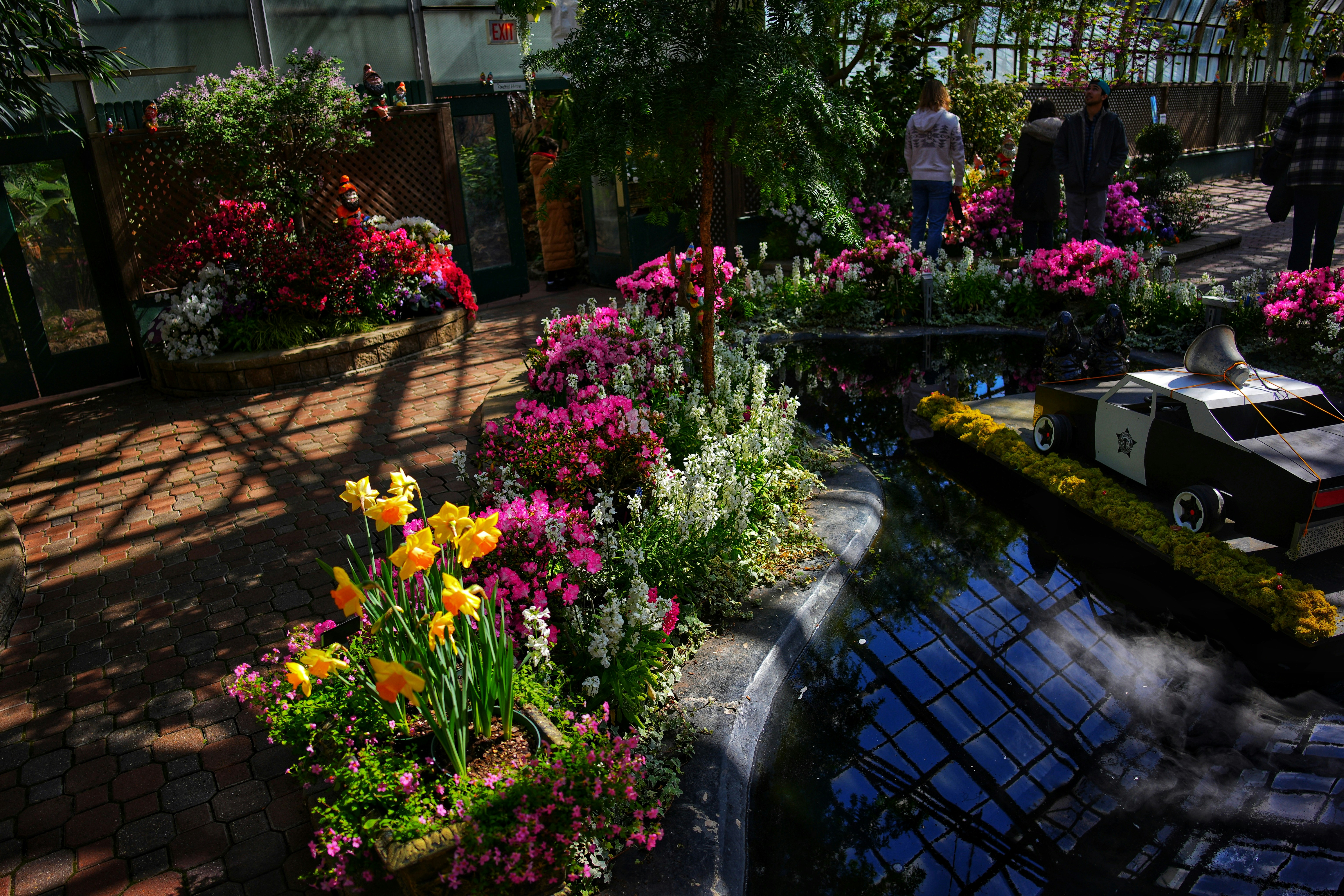Blooming Conservatory Corridor with Sunlit Poppy Bed