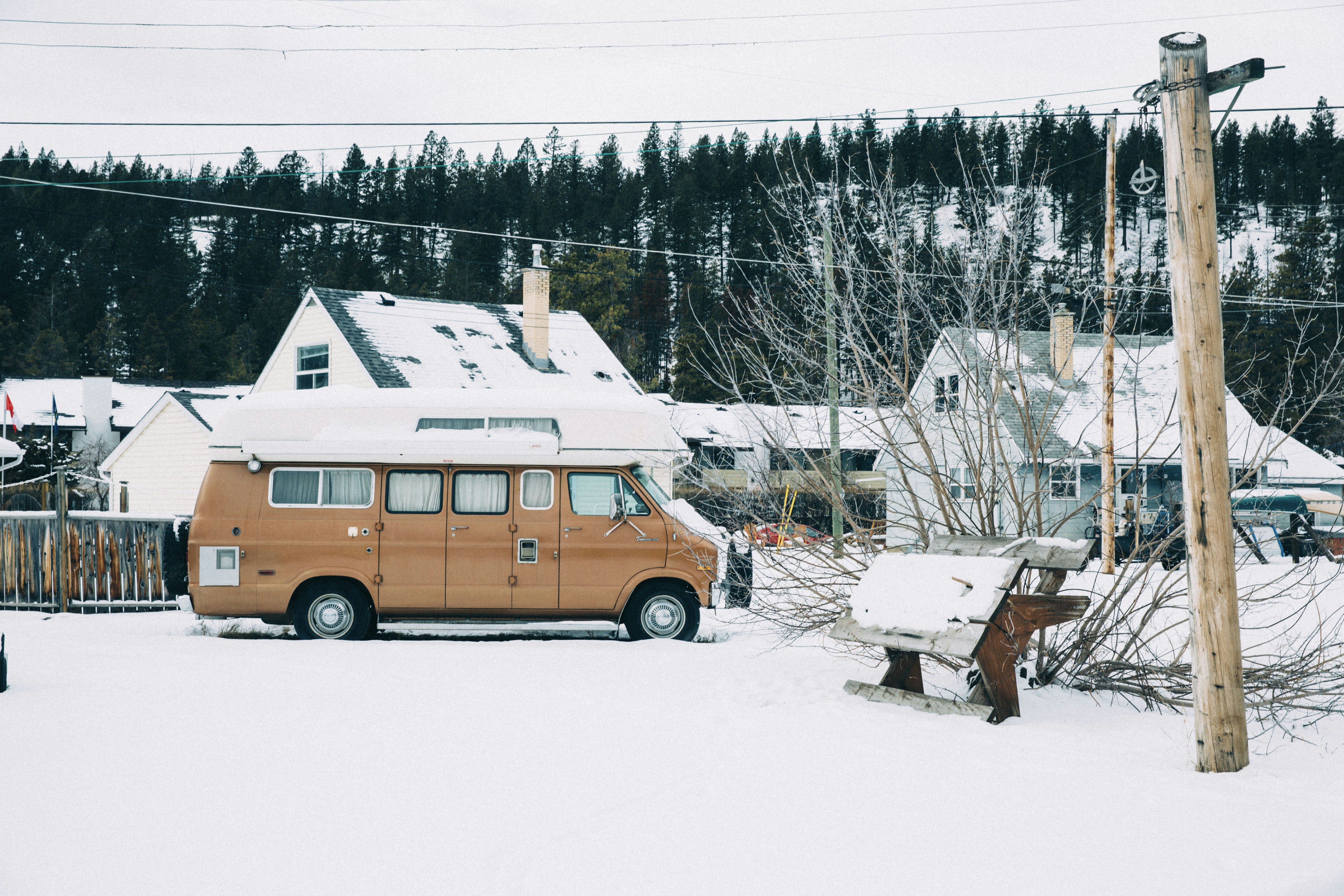 Winter's Amber Van: A Quiet Nordic Hamlet Wrapped in Snow