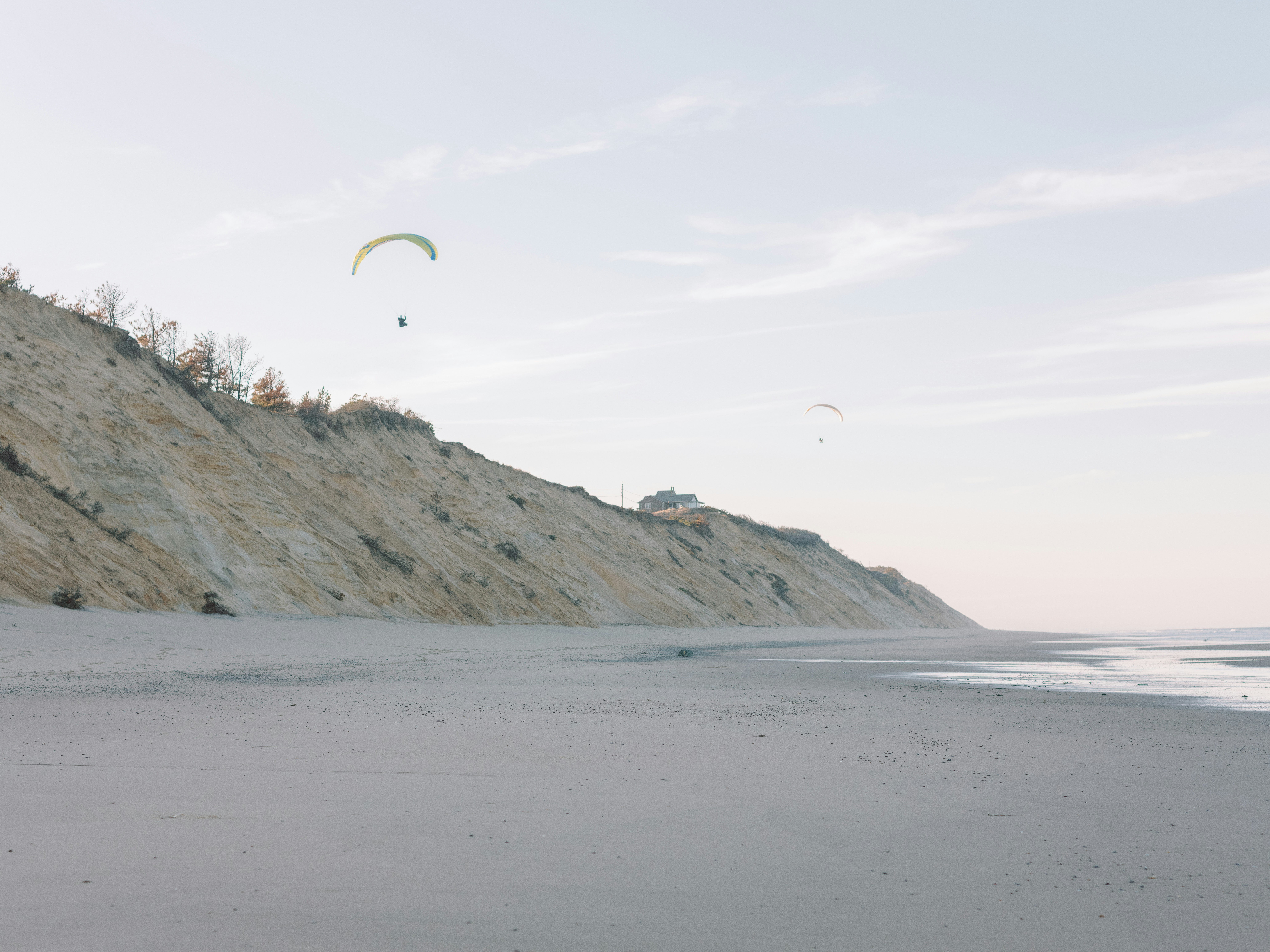 Dune Vista: Paragliders over a Quiet Seashore