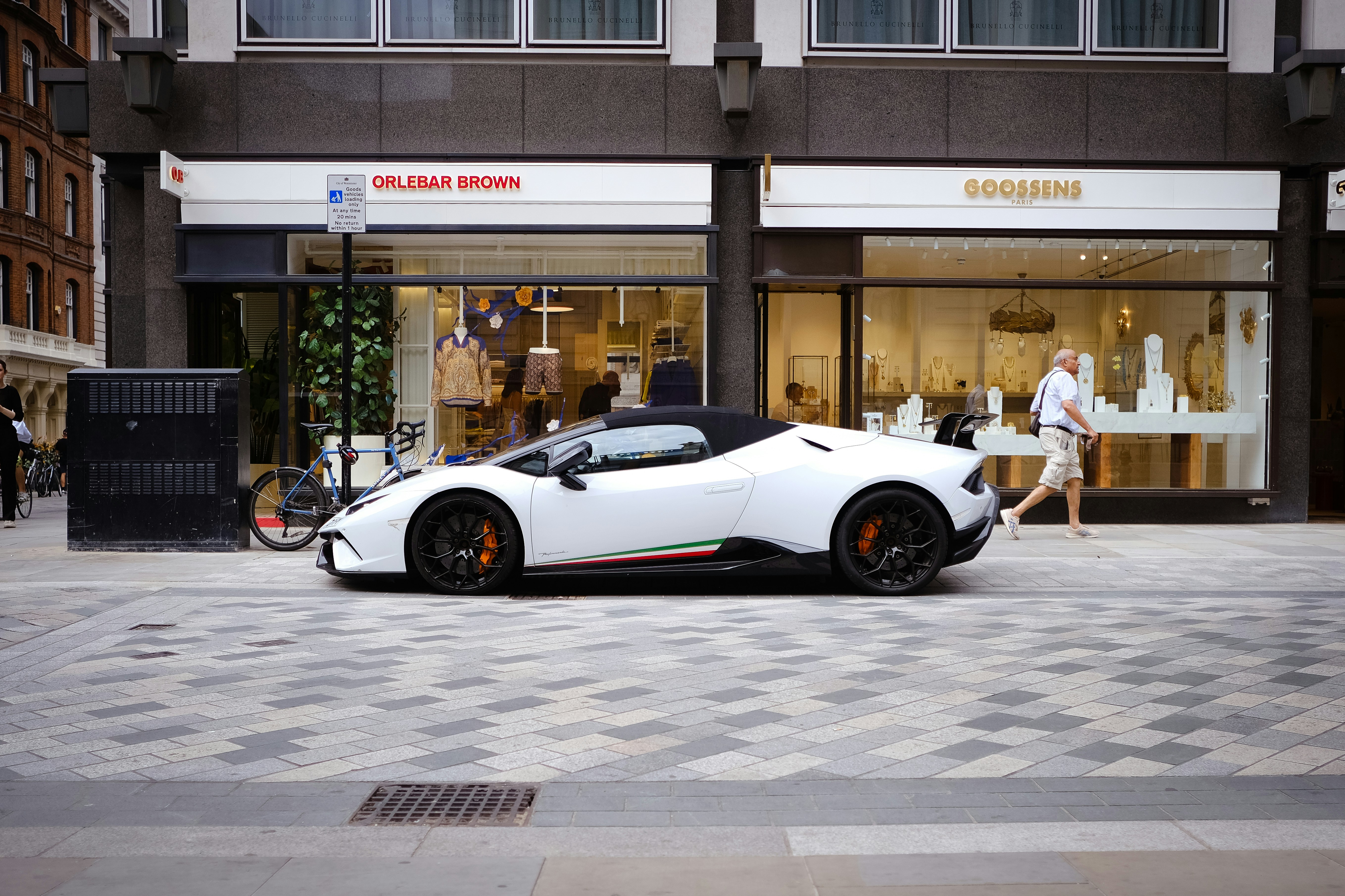 Sleek white supercar parked on a bustling city street, showcasing modern design against a backdrop of upscale storefronts.