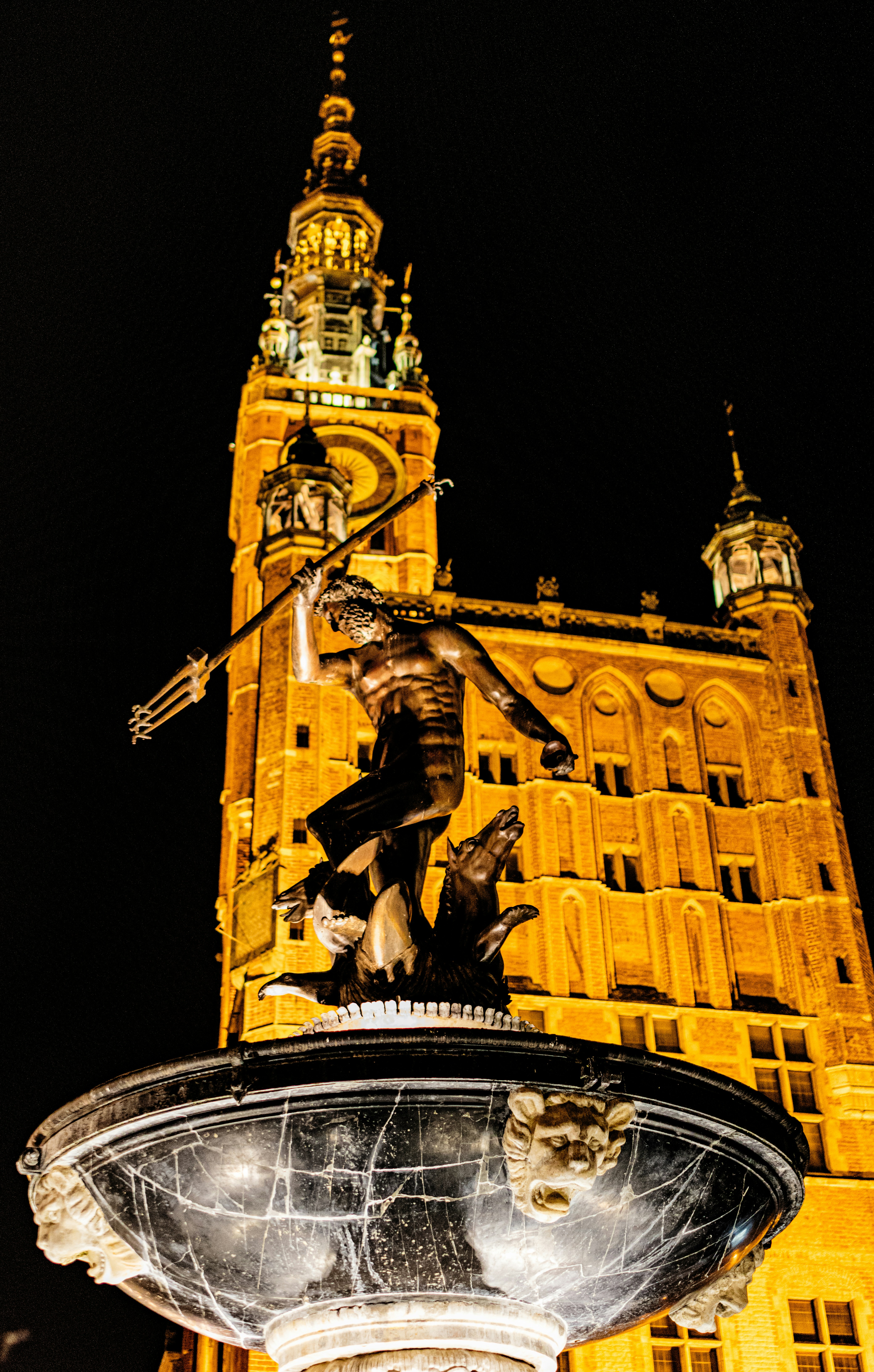 Moonlit Gladiator over Marble Fountain Against a Golden Cathedral