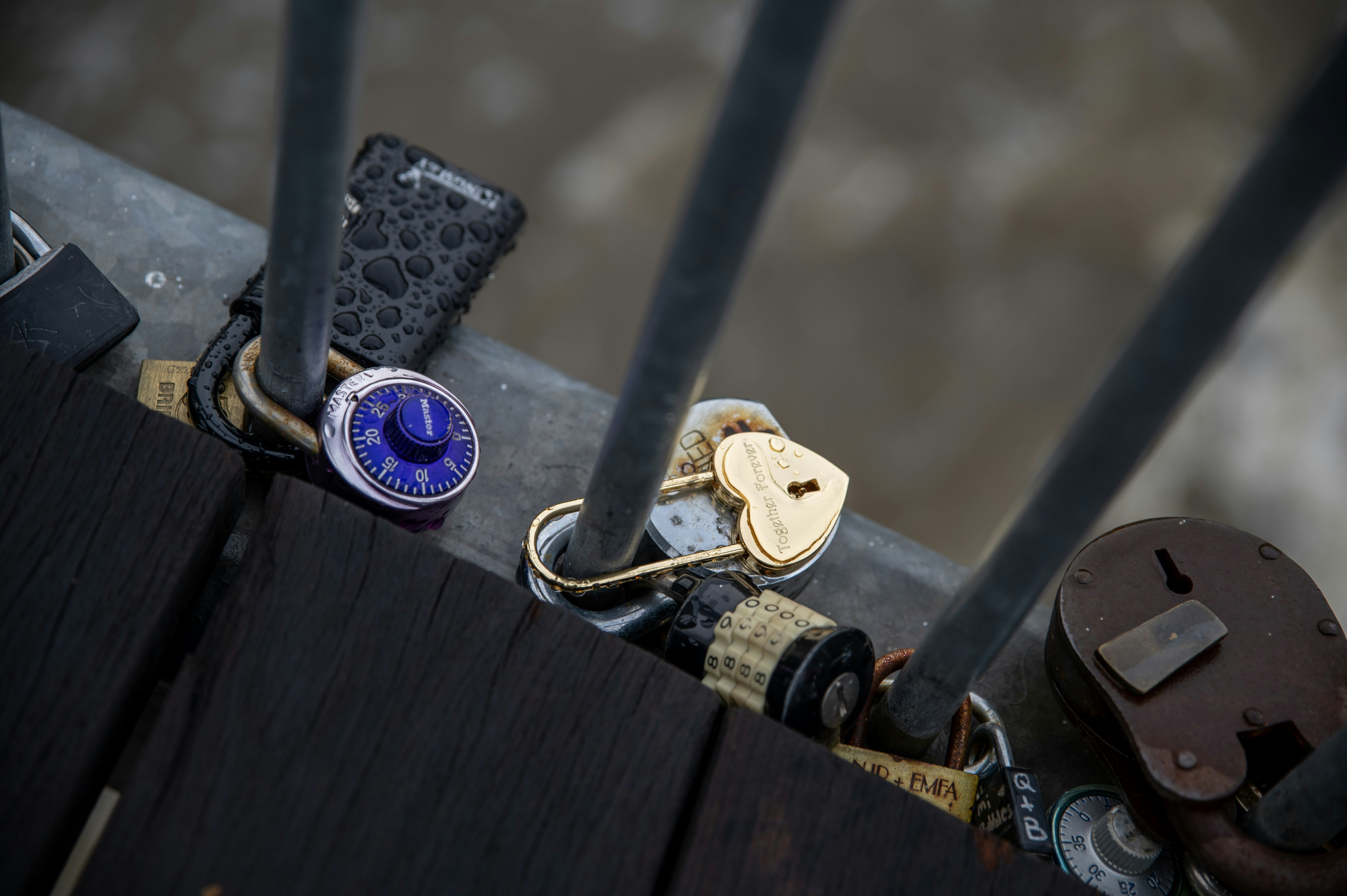 Locks and Latches: a close-up of rusted padlocks on a railing