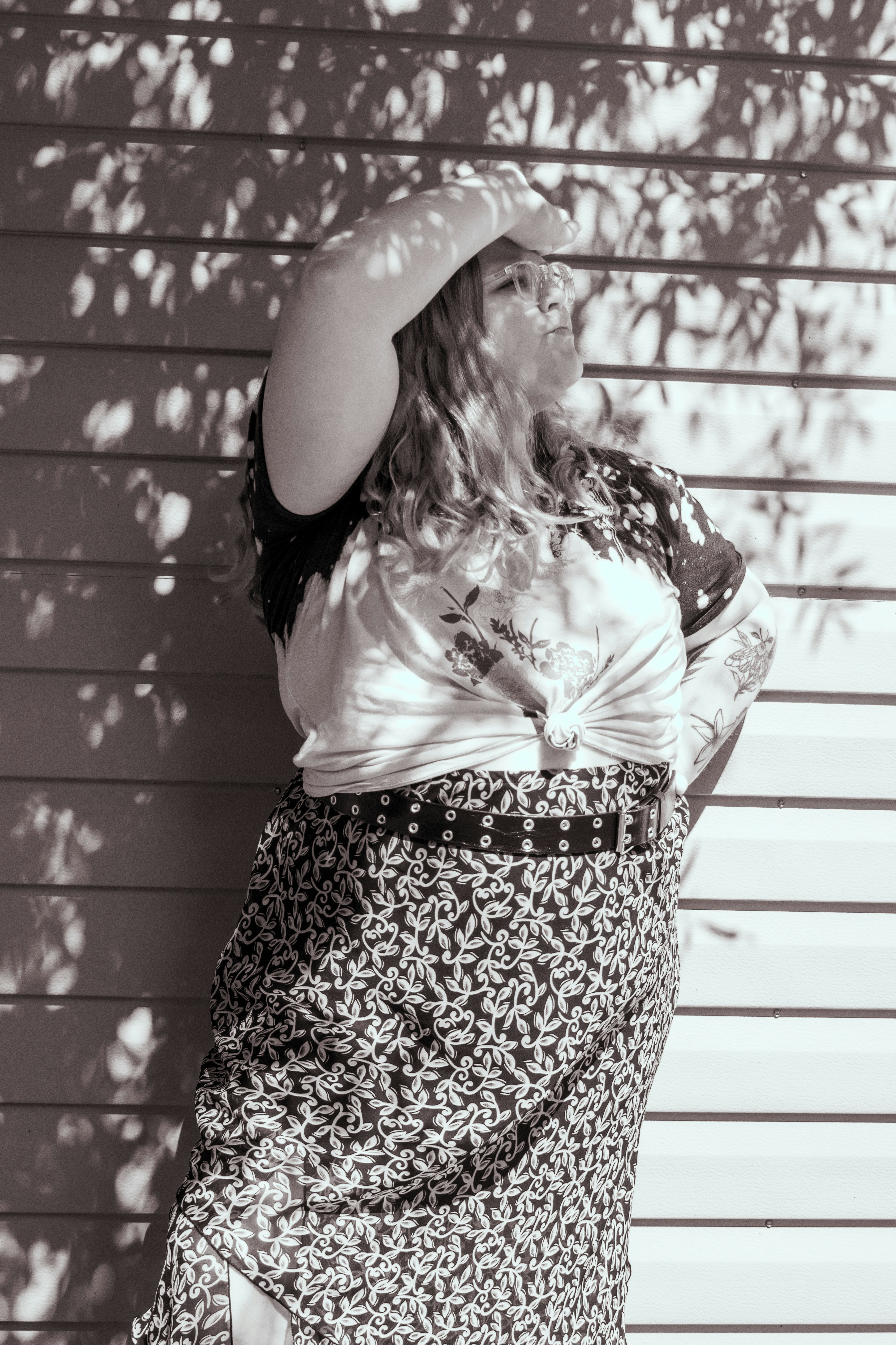 Dappled Light Portrait: Quiet Confidence Across Horizontal Lines