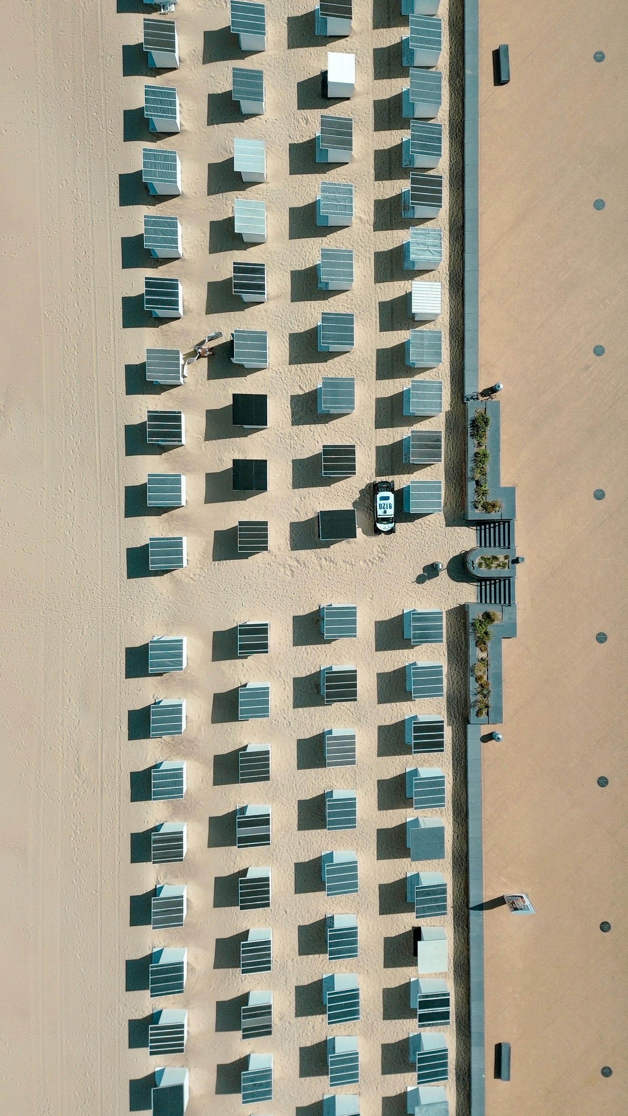 Aerial Grid of Beach Chairs: Shadows in Ordered Sand