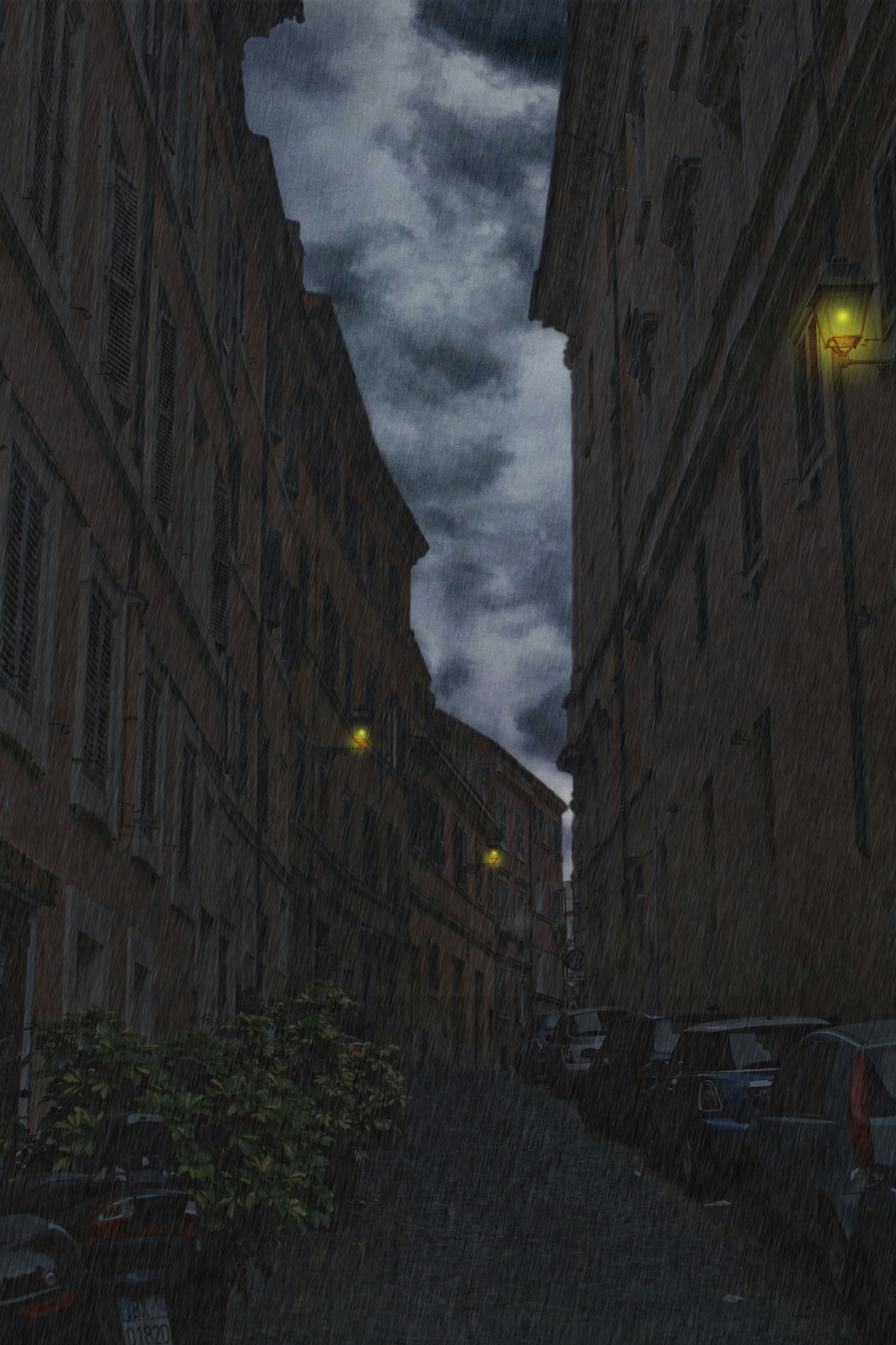 Rain-Soaked Alley Between Brick Giants Under a Break in the Sky