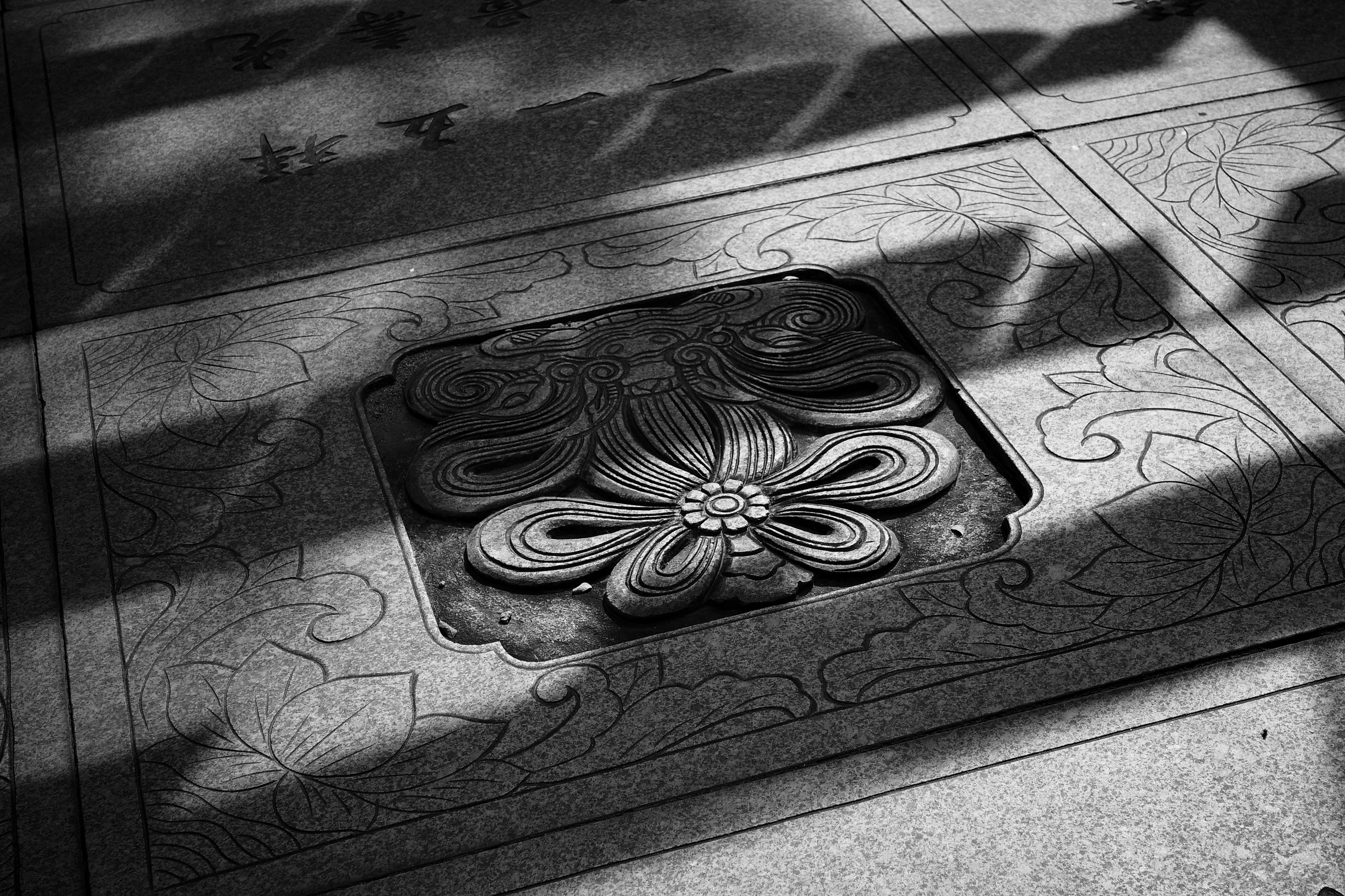 Petaled Emblem Under Shadow: A Monochrome City Tile Moment