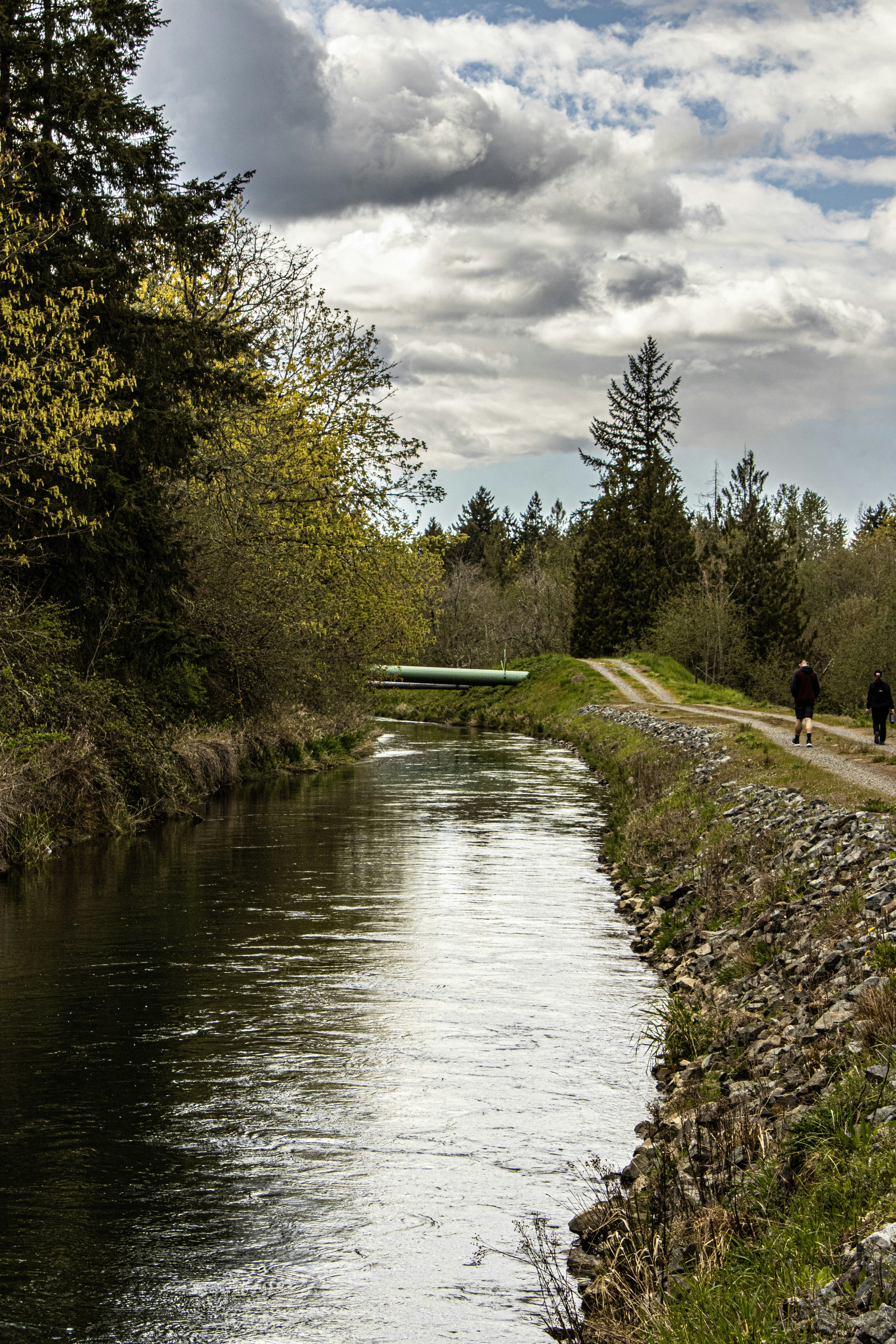 A couple of people walking down a dirt road next to a river photo ...