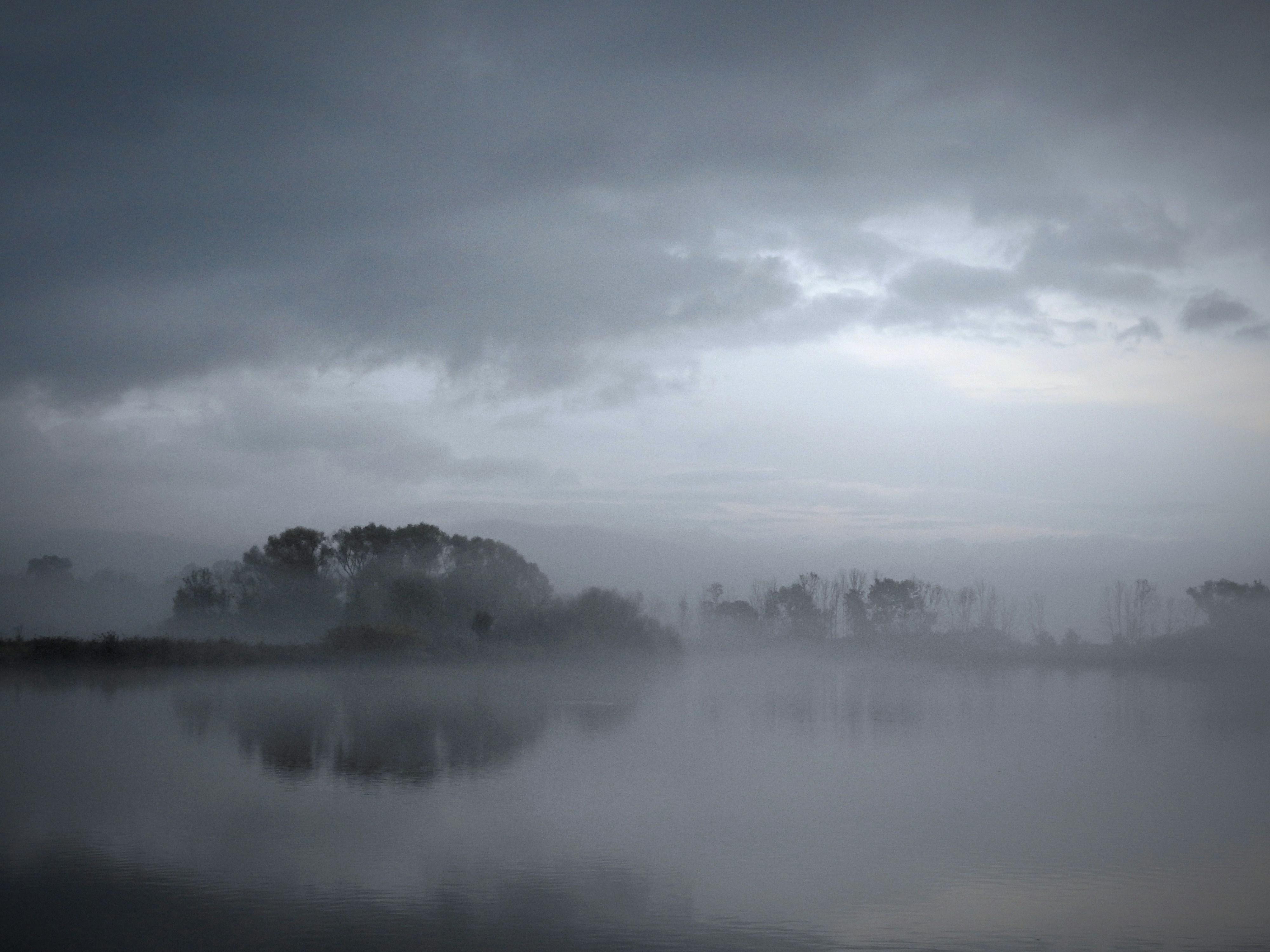 A body of water surrounded by fog and trees photo – Free Lake landscape ...