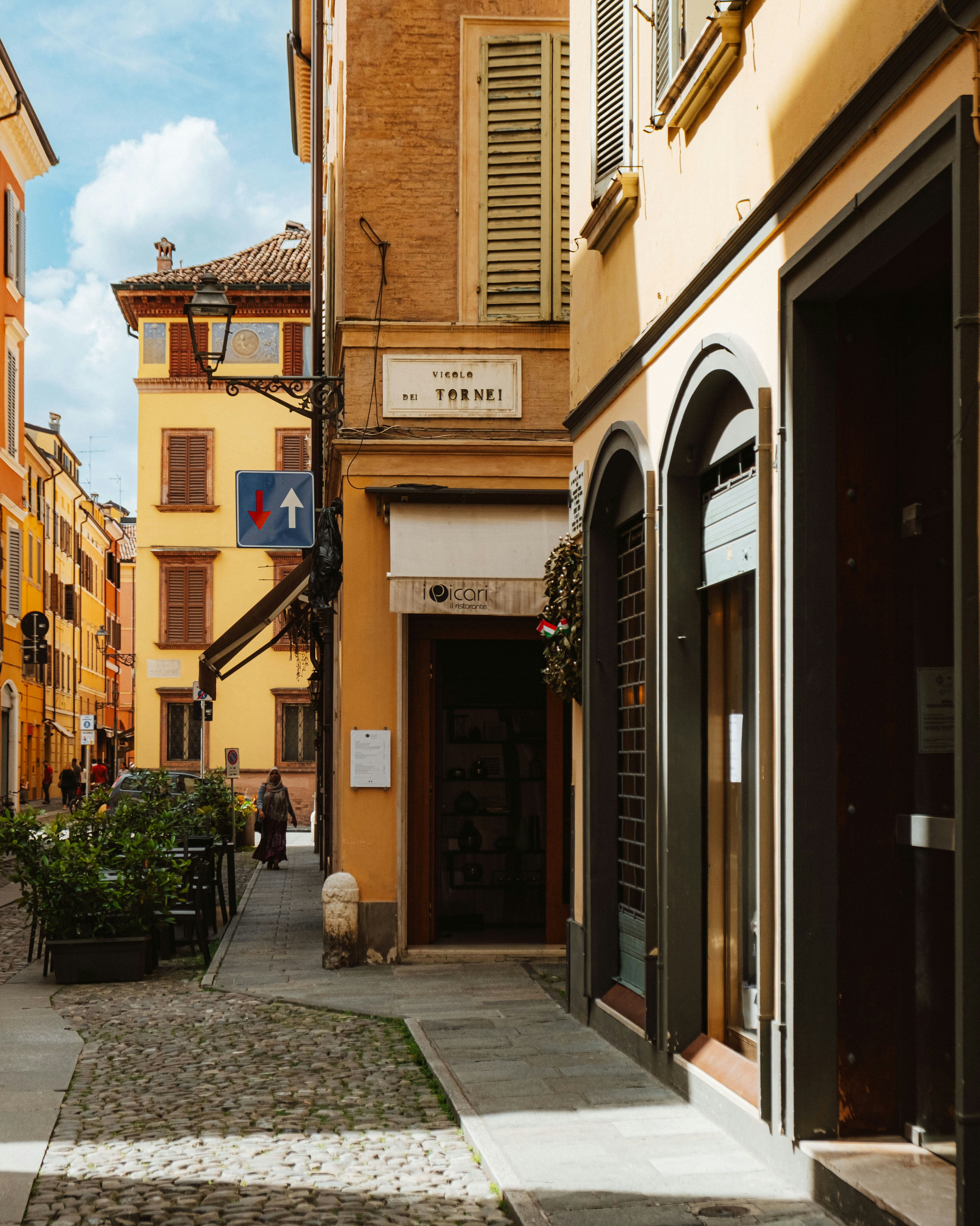 Charming cobblestone alleyway lined with vibrant buildings and quaint storefronts, inviting exploration. A hint of greenery adds to the urban tranquility.