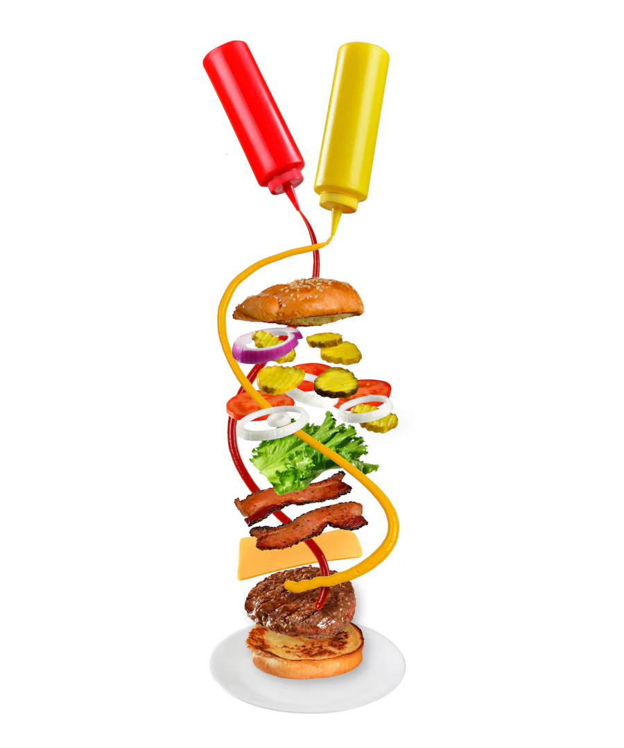 A vertical burger tower with bun, beef patty, bacon, cheese, lettuce, pickles, onions, and tomato floating in layers beneath red and yellow condiment bottles. White background with a playful food-composite look.