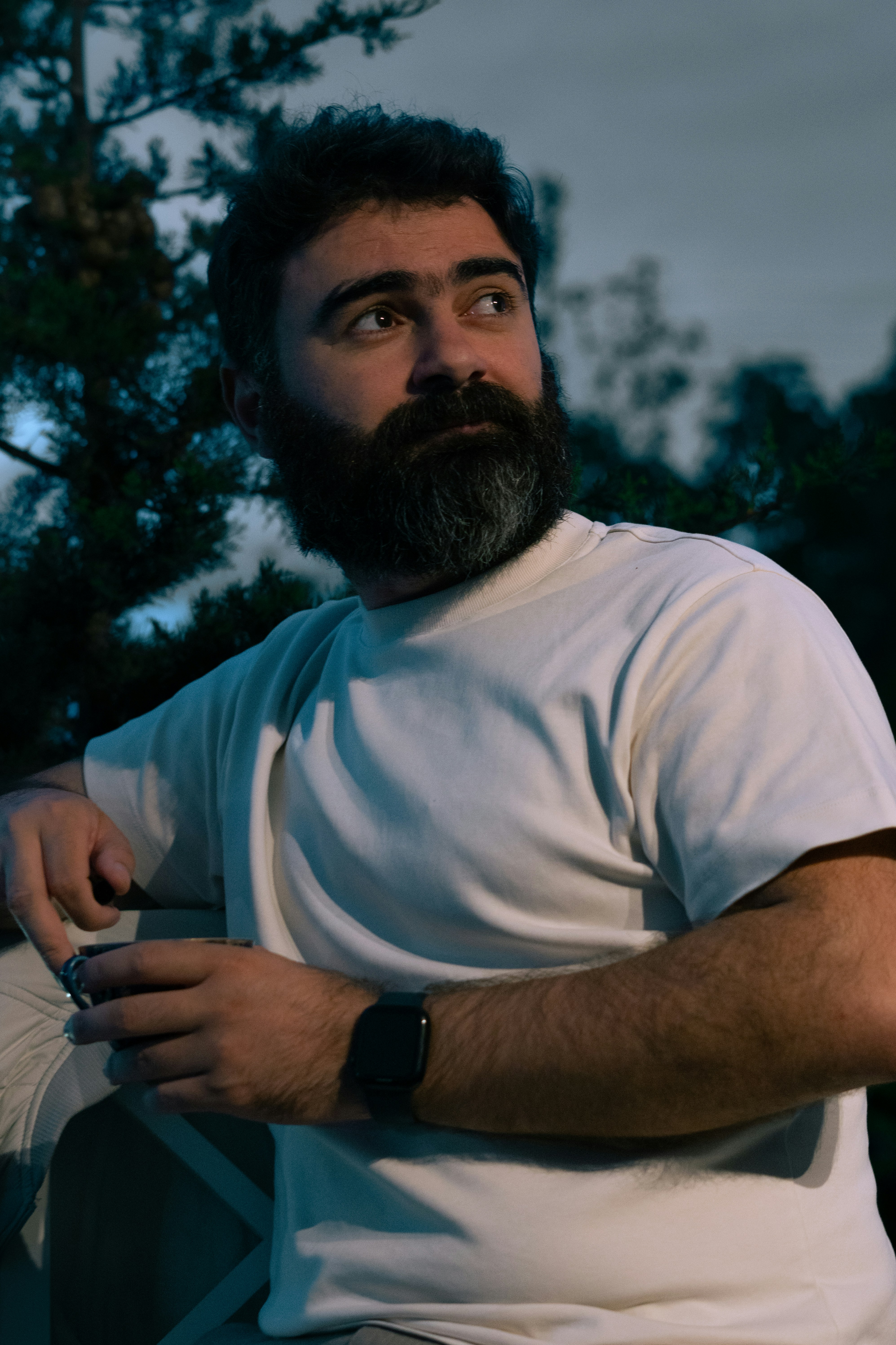 Blue Hour Contemplation: A Bearded Portrait Beneath Subtle Night Light