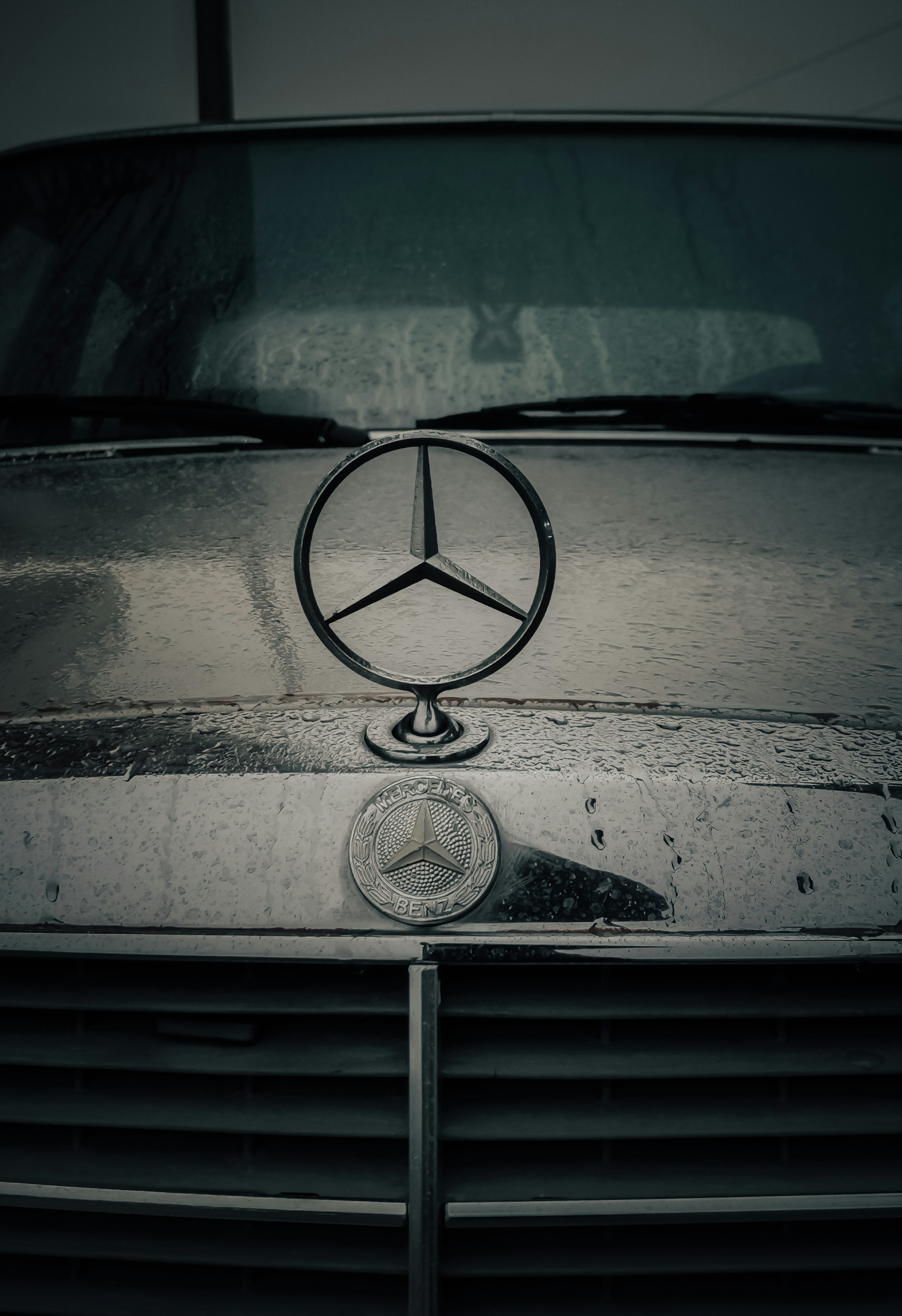 Close-up of a Mercedes-Benz emblem atop a vintage car, glistening with raindrops. The scene conveys a sense of nostalgia and automotive heritage.