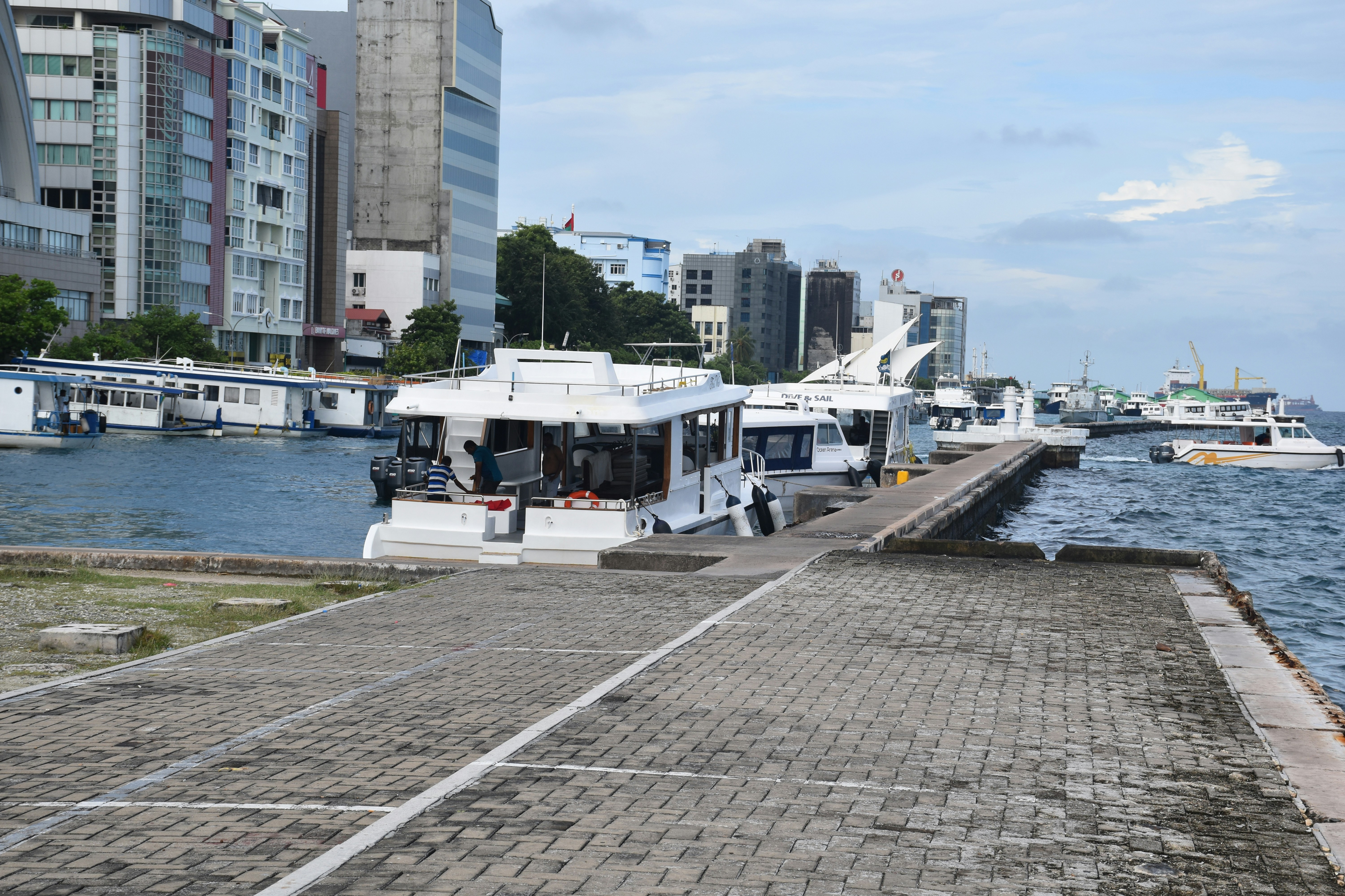 Docked boats lined along a city waterfront under a clear sky.
