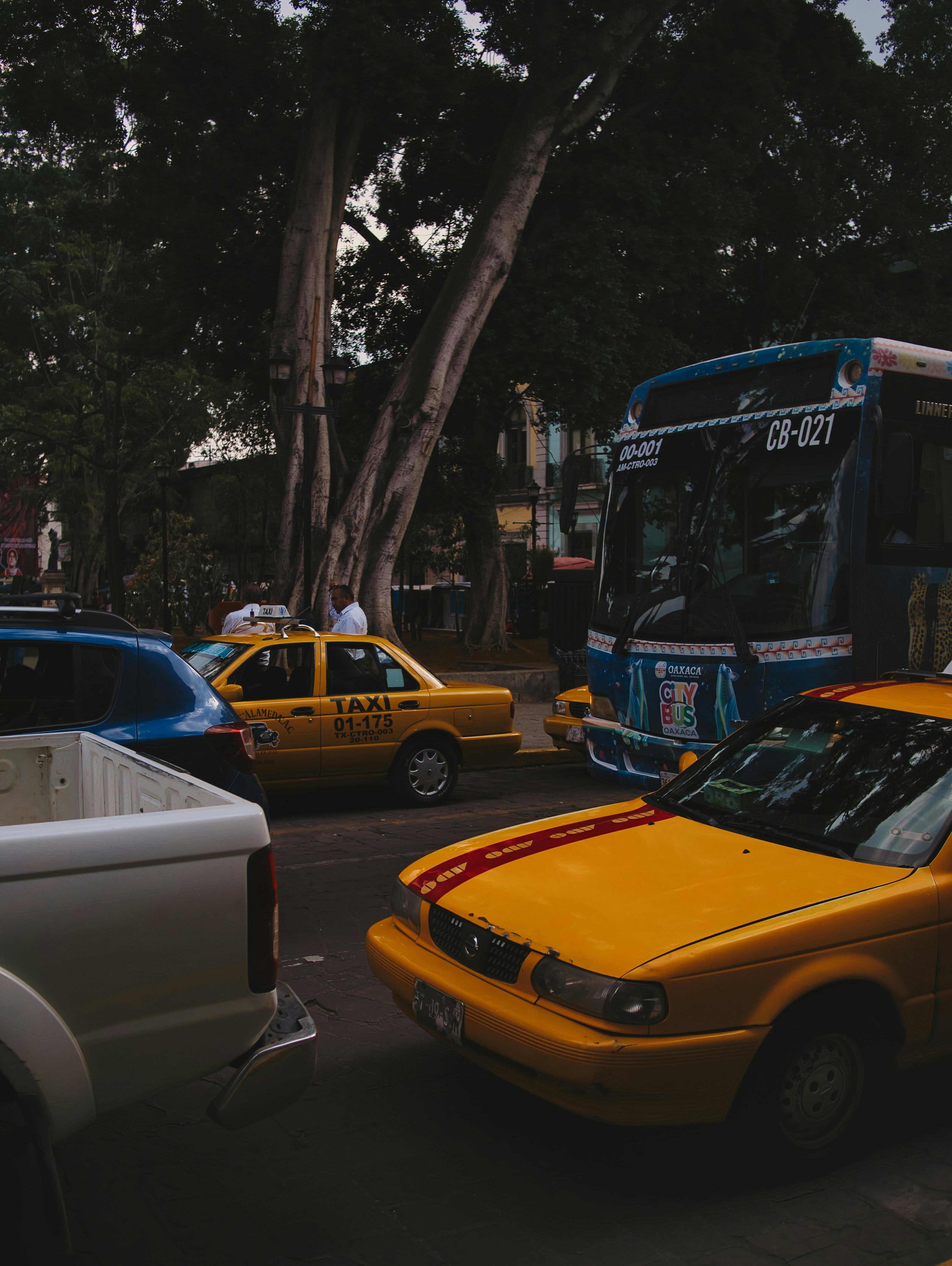 A yellow taxi cab driving down a street next to a bus photo – Free ...