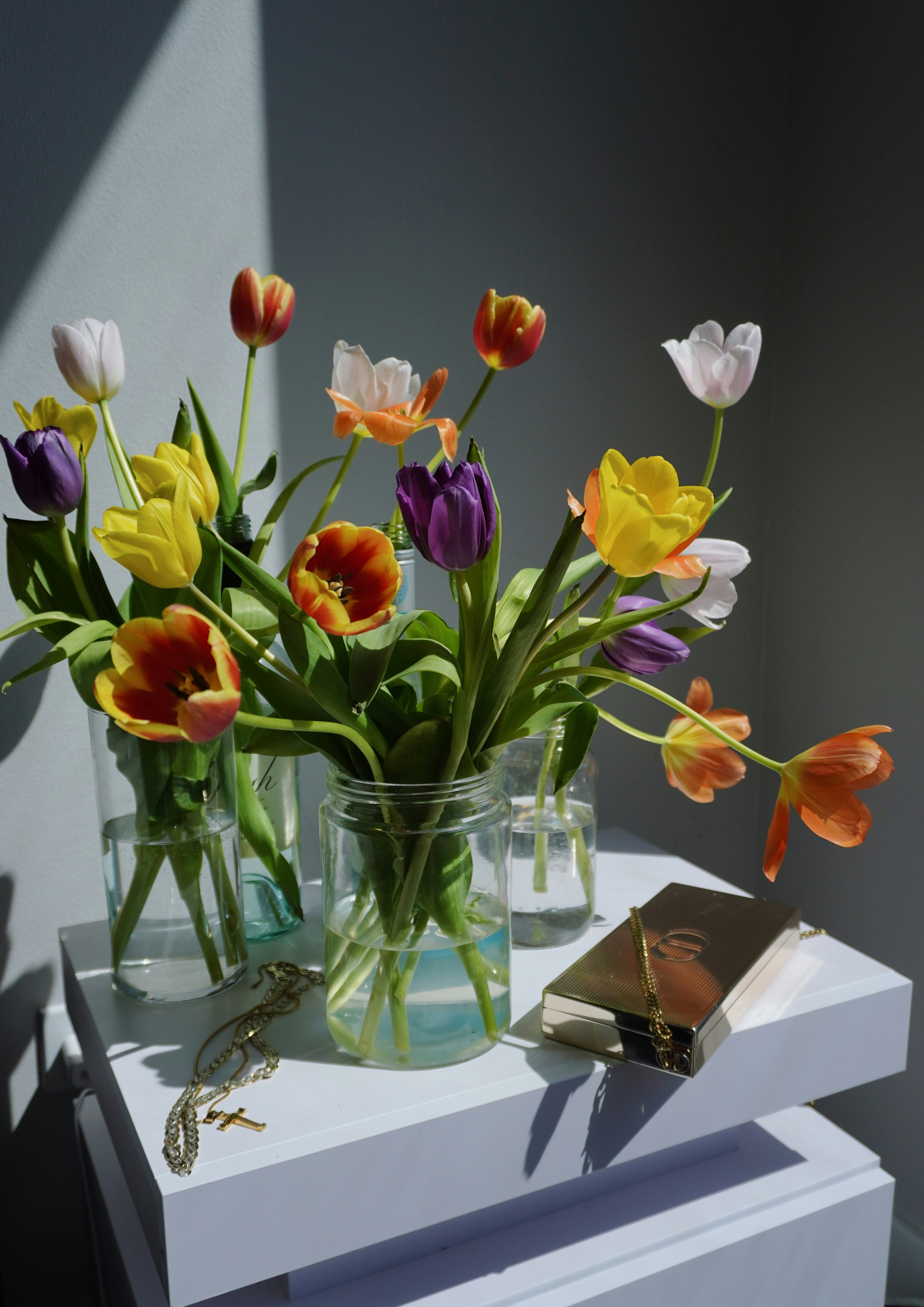 Sunlit Tulips in Glass Jars: A Studio Still Life with Golden Accents