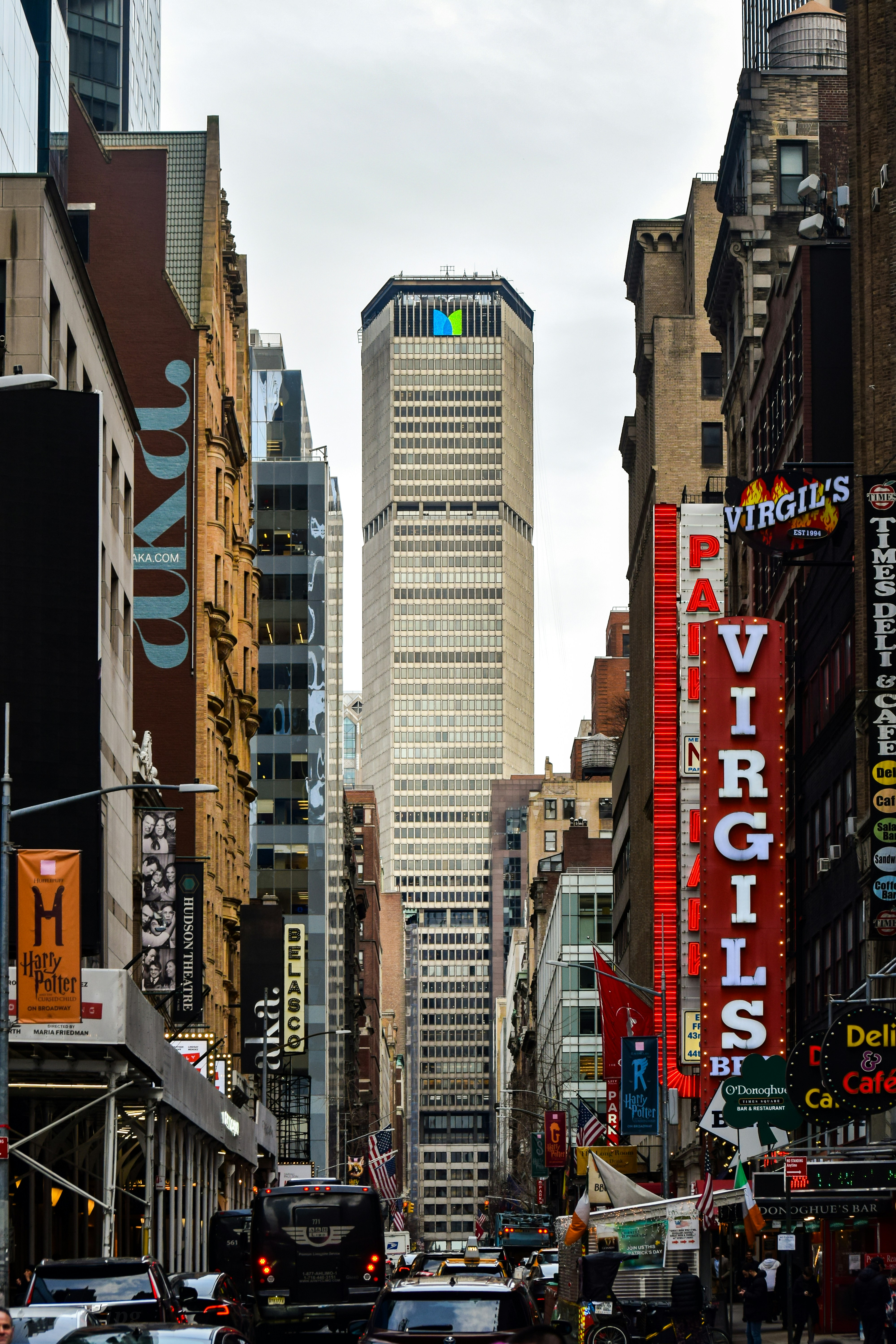 Midtown Street Canyon: A Central Tower Reaches for the Sky
