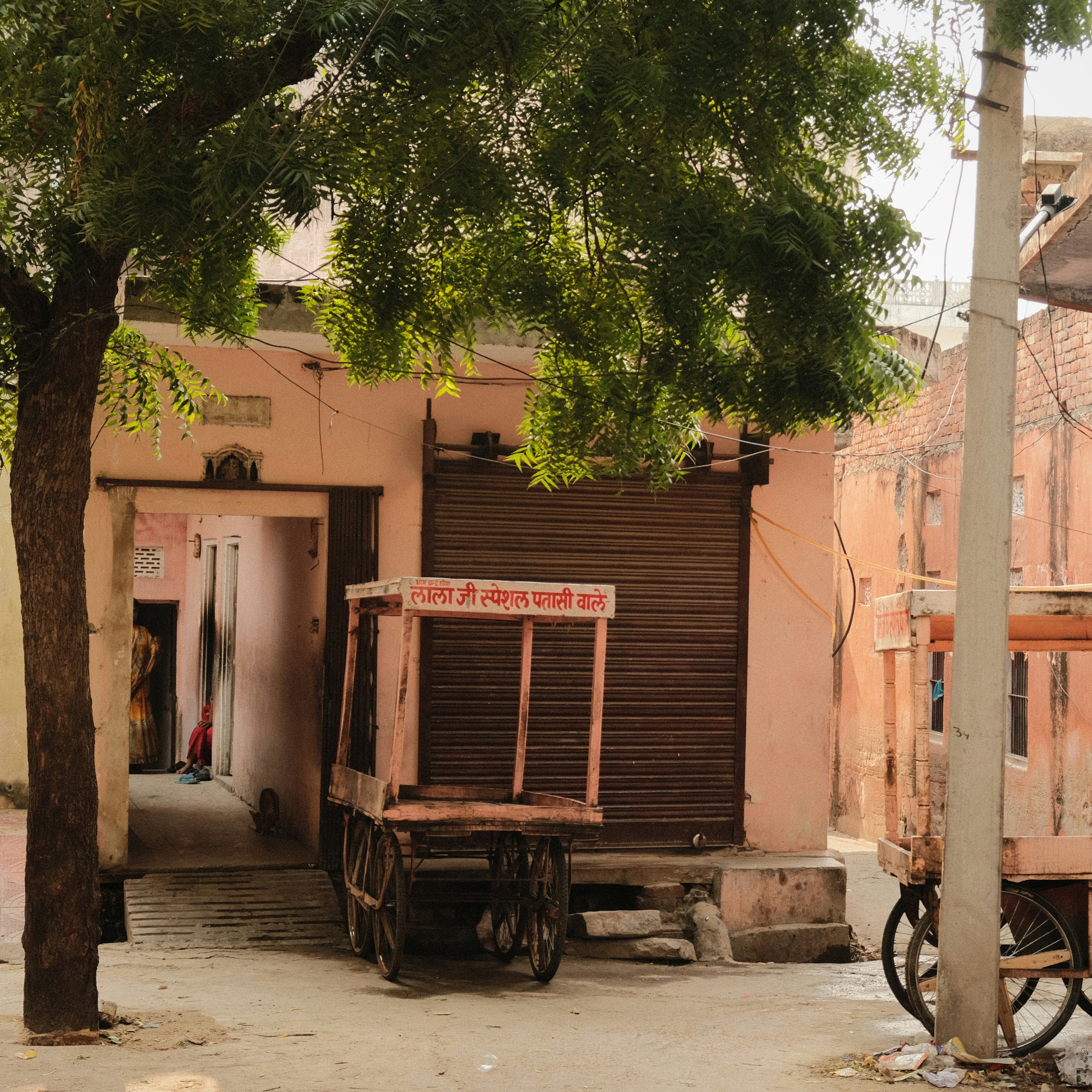 Old wooden cart in front of a pink building under a leafy tree in Jaipur's back streets.