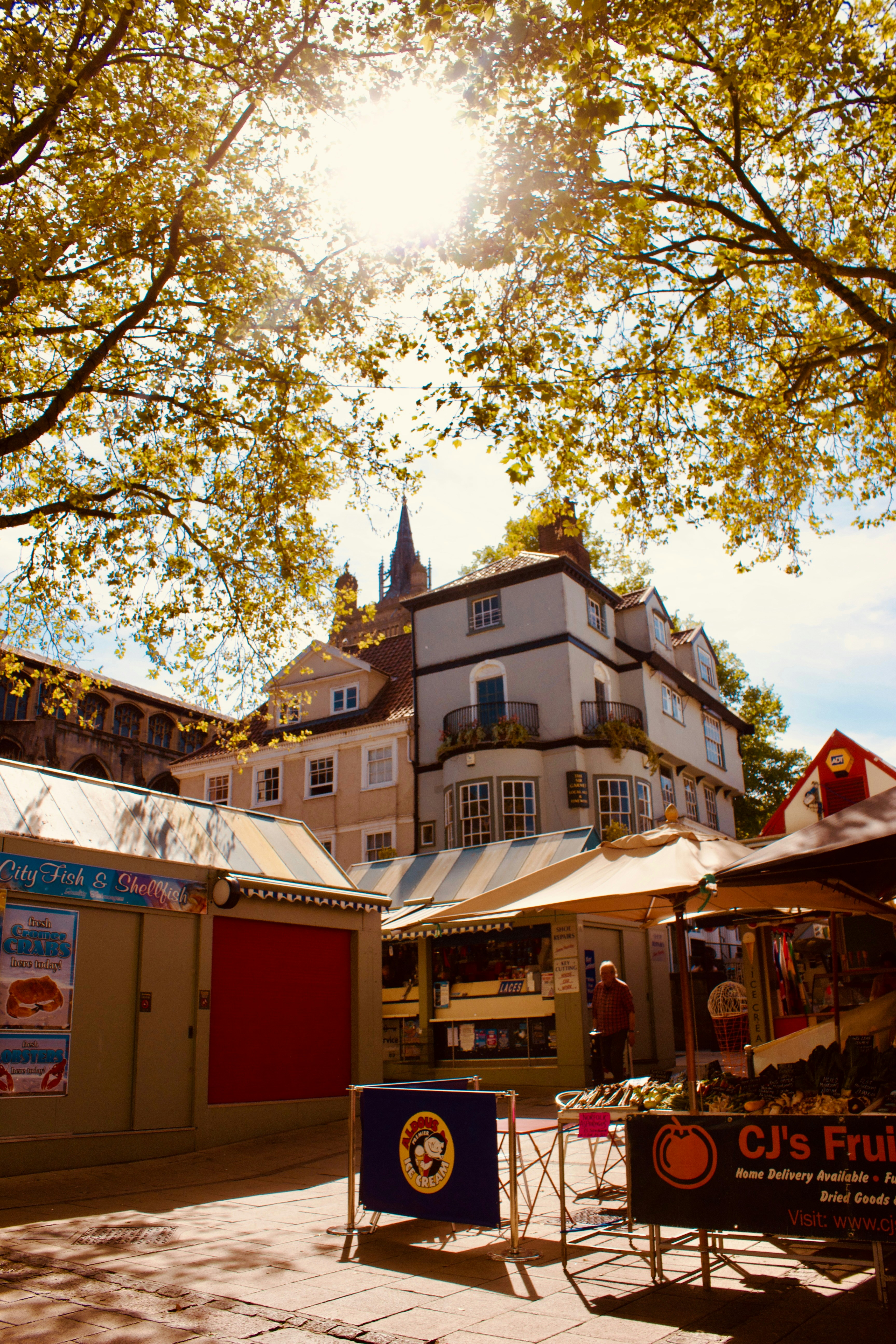 Sunlit Market Facade Beneath Autumn Gold Over a European Townhouse