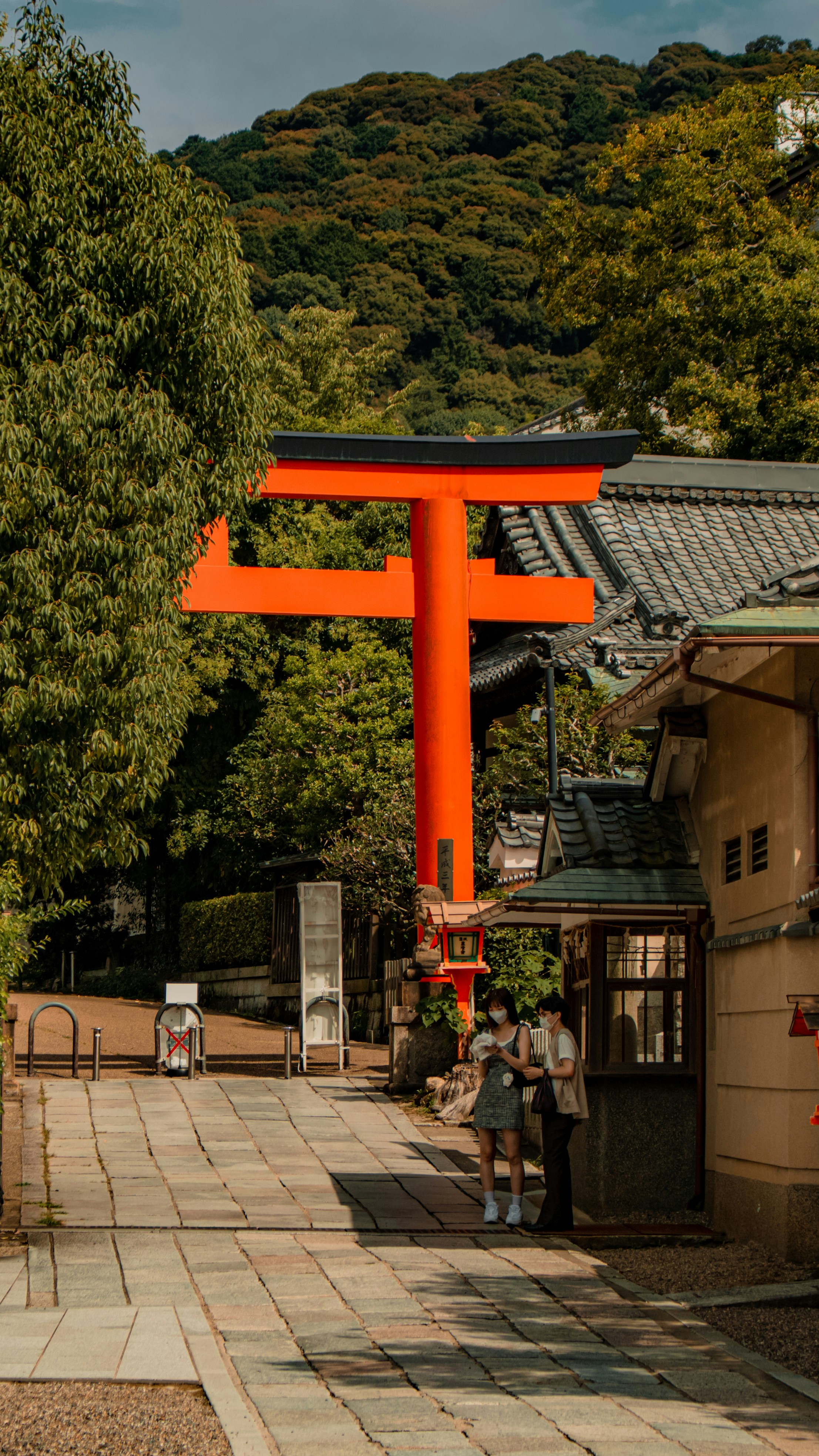 Crimson Torii Gate Framing a Tranquil Shrine Path