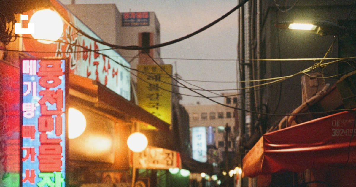 건물에 네온사인이 있는 좁은 골목길 사진 Unsplash의 무료 아날로그 사진 이미지