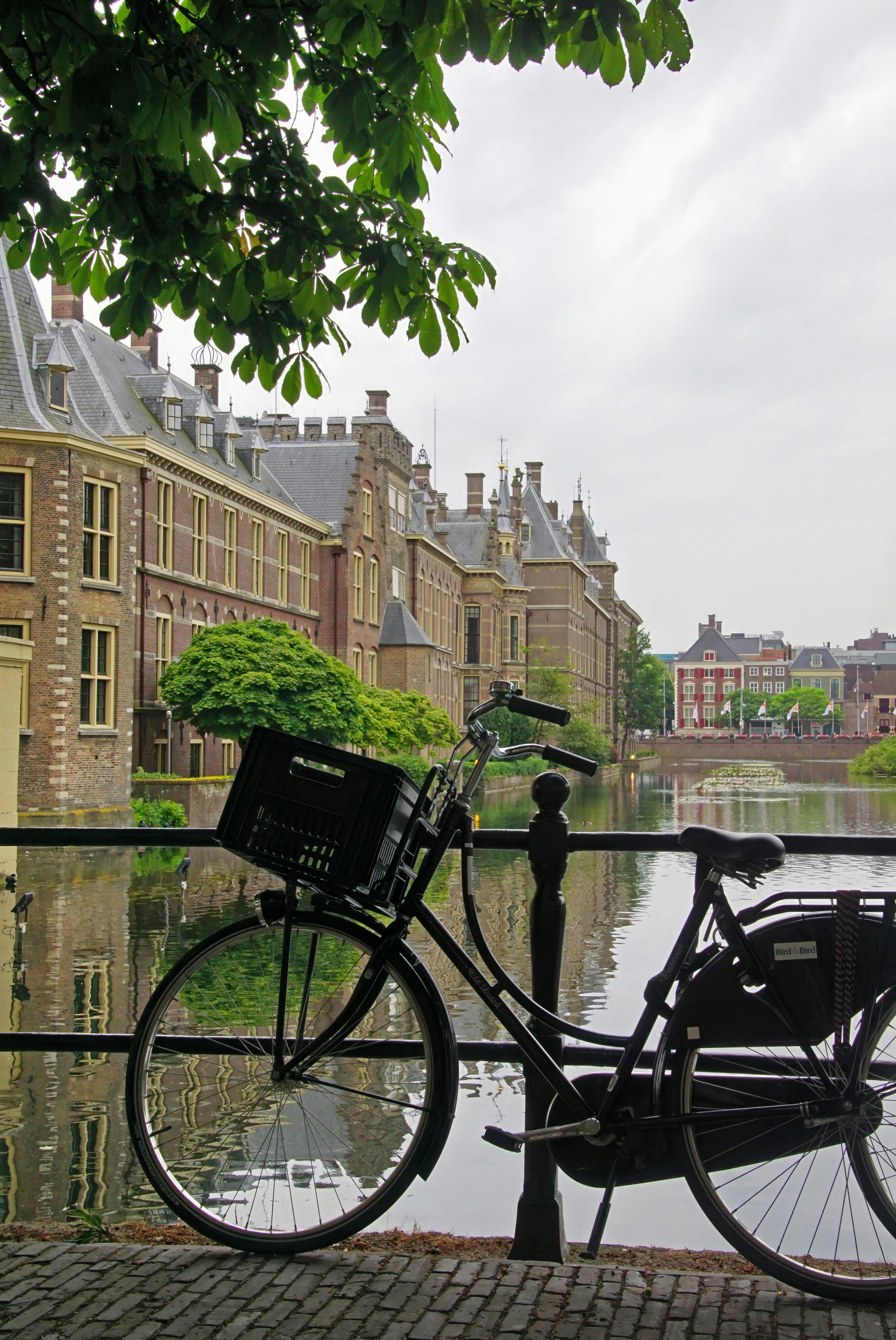 A typical black bicycle alongside a canal in The Hague, Holland. So Dutch! | A bicycle parked next to a fence near a body of water