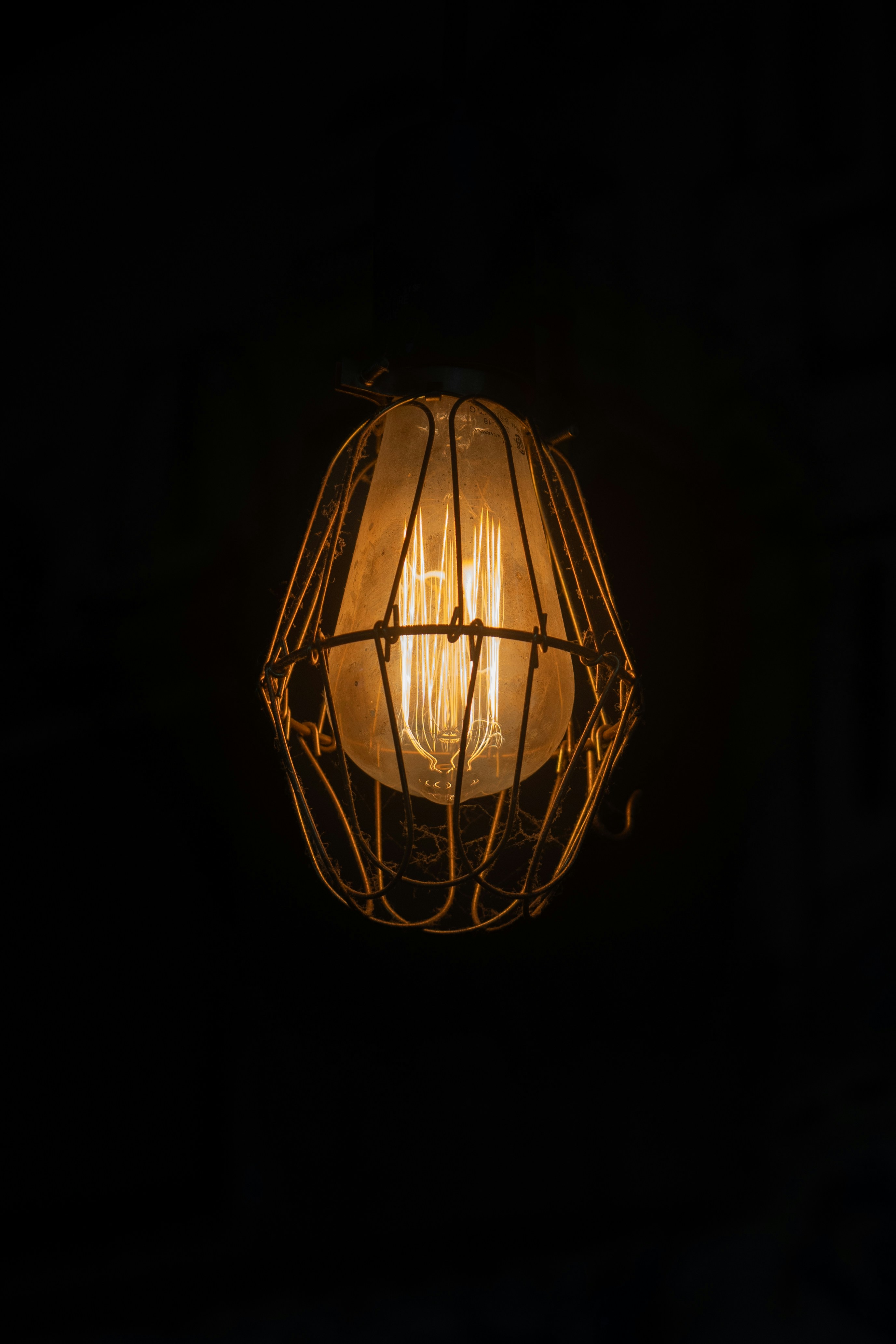 Vintage light fixture with a warm glow, encased in a metal cage, suspended against a dark background.