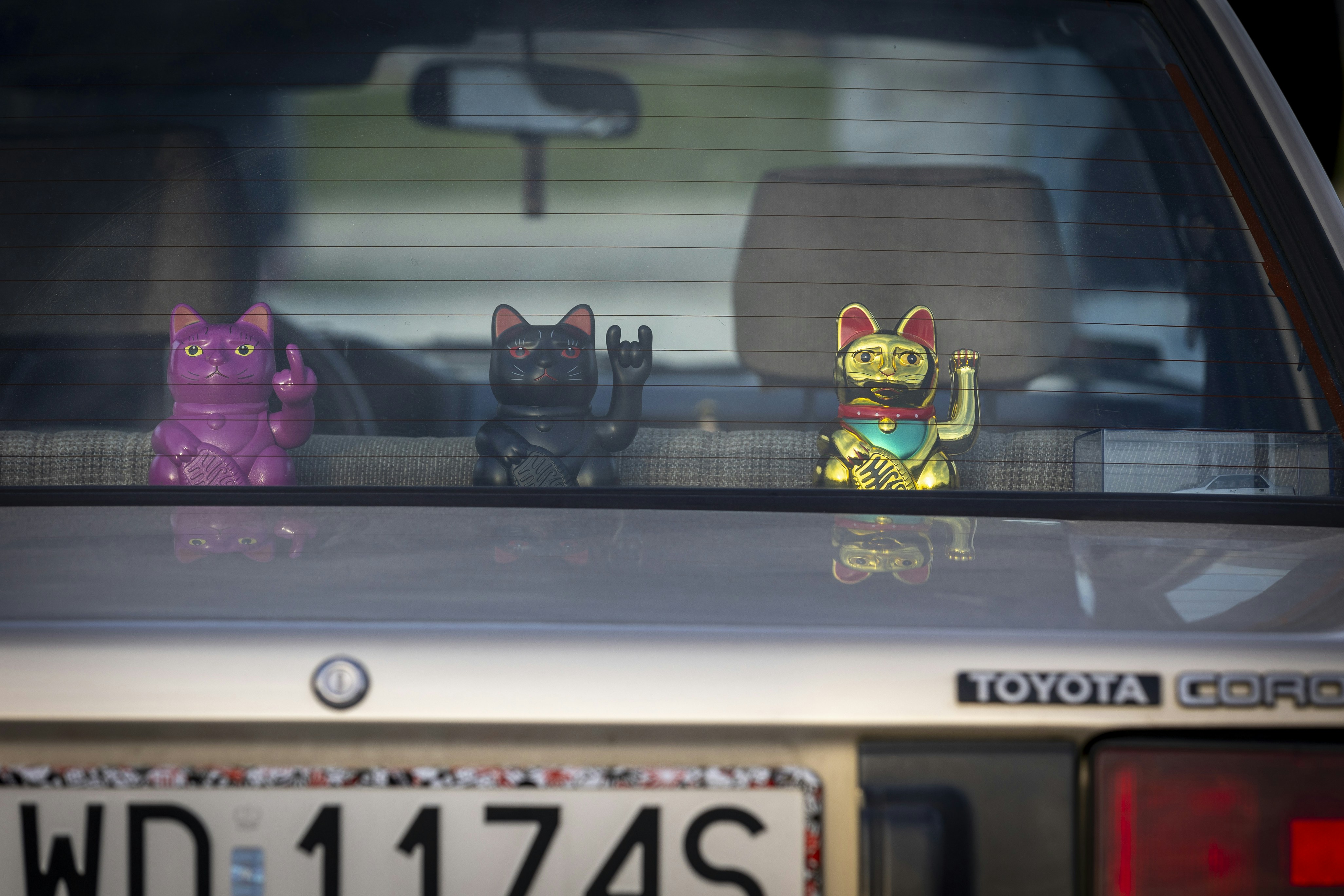 Tiny Parade of Luck: Three Maneki-neko Guarding a Toyota's Rear Window