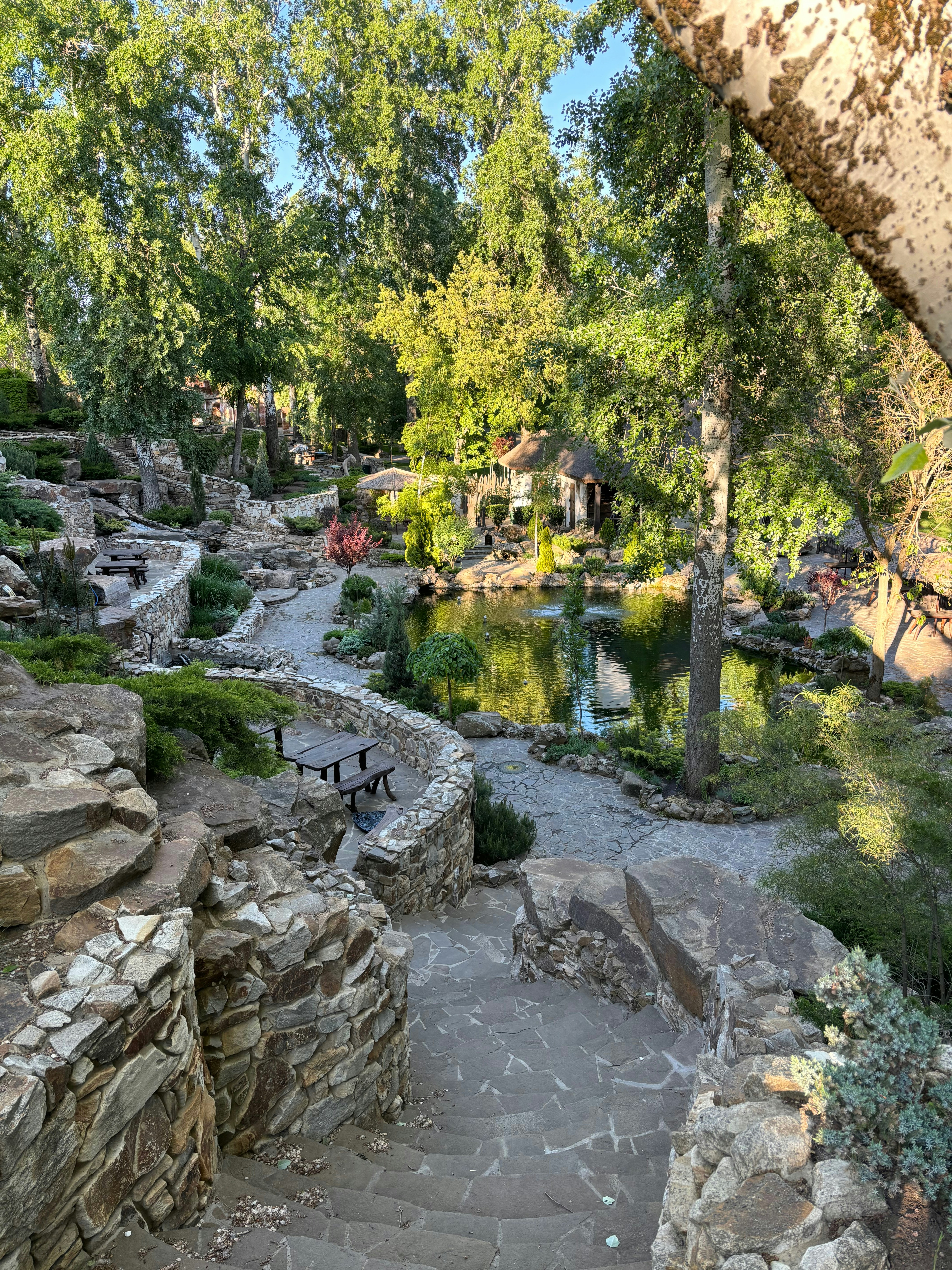Terraced Stone Staircase Framing a Tranquil Garden Pond