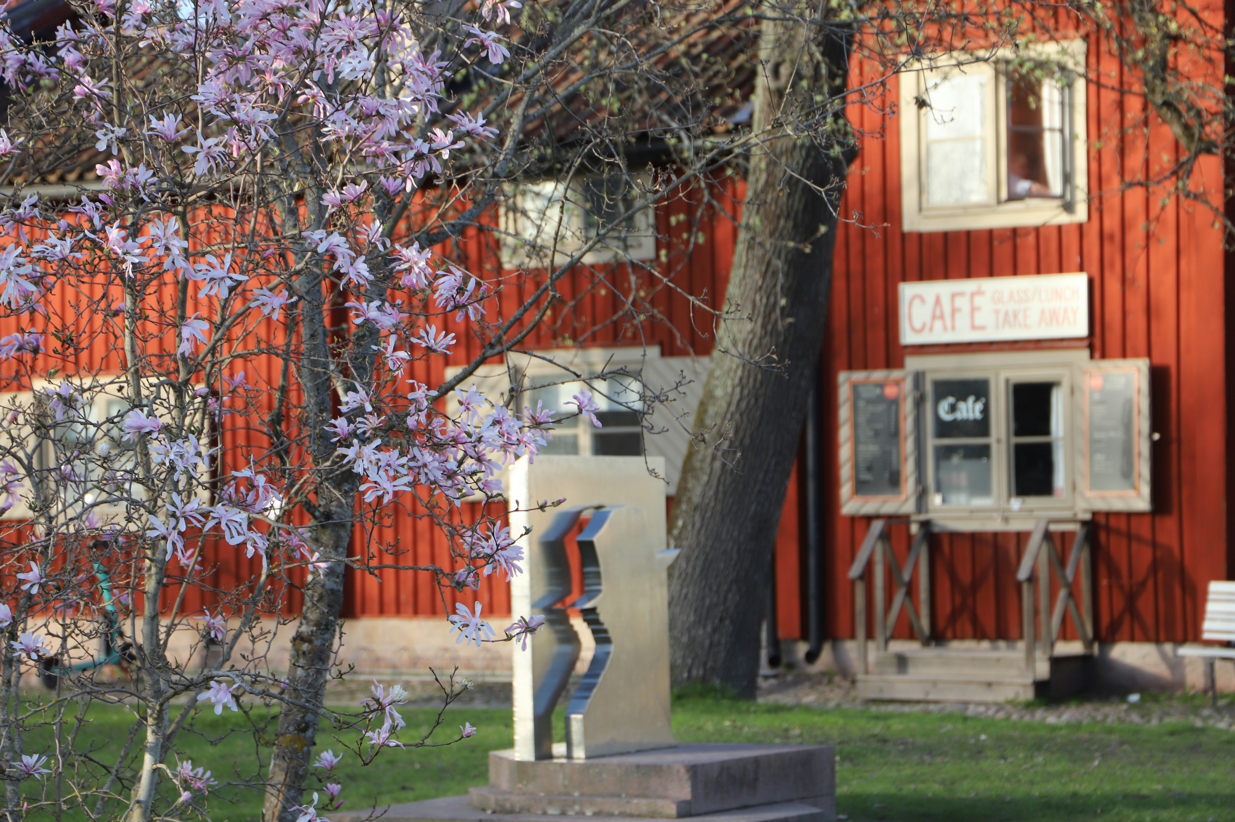 Red Barn Café Ambiance: Spring Blooms framing a modern sculpture