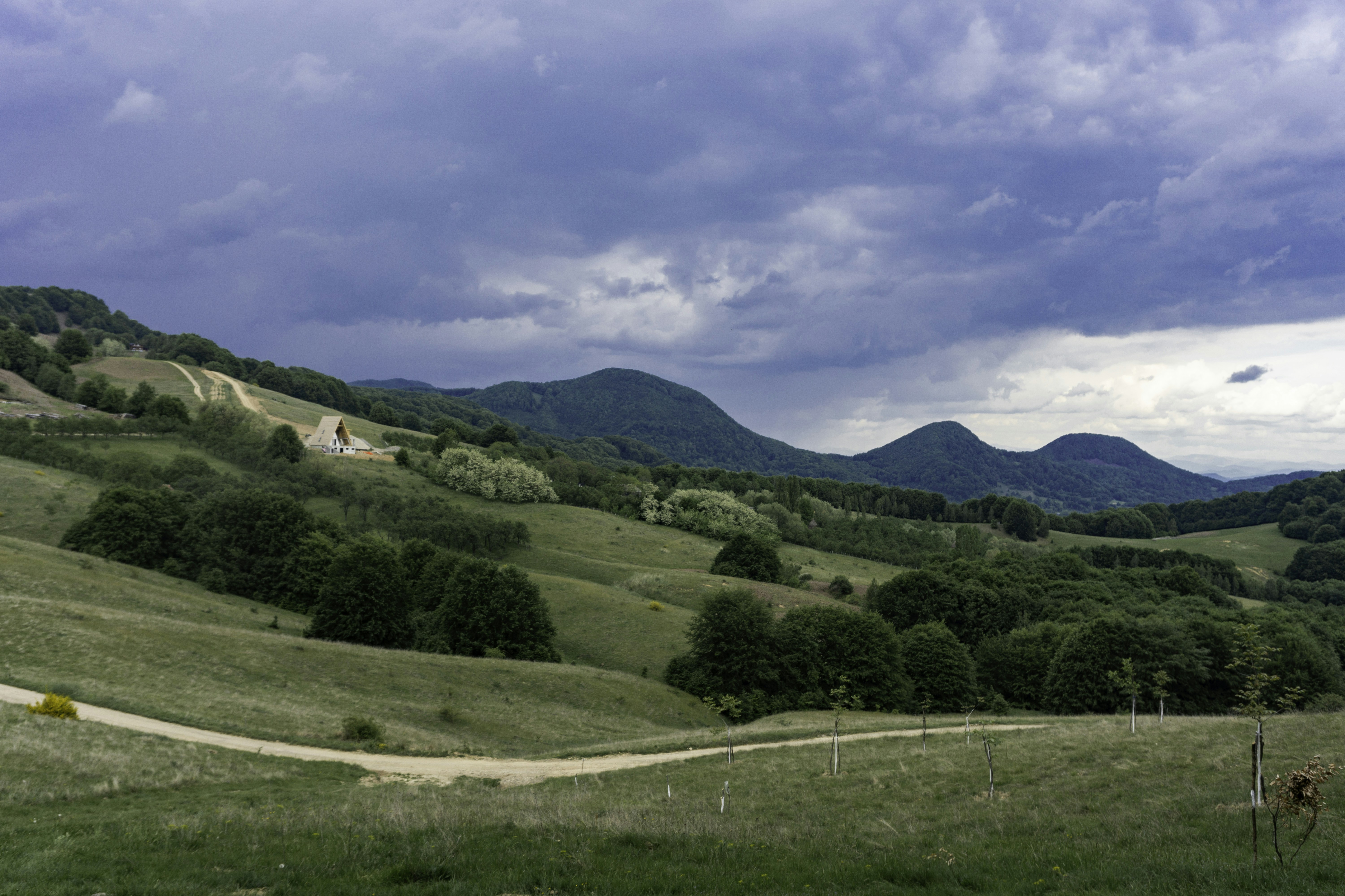 Undulating green hills with scattered trees beneath a dramatic, cloud-filled sky.