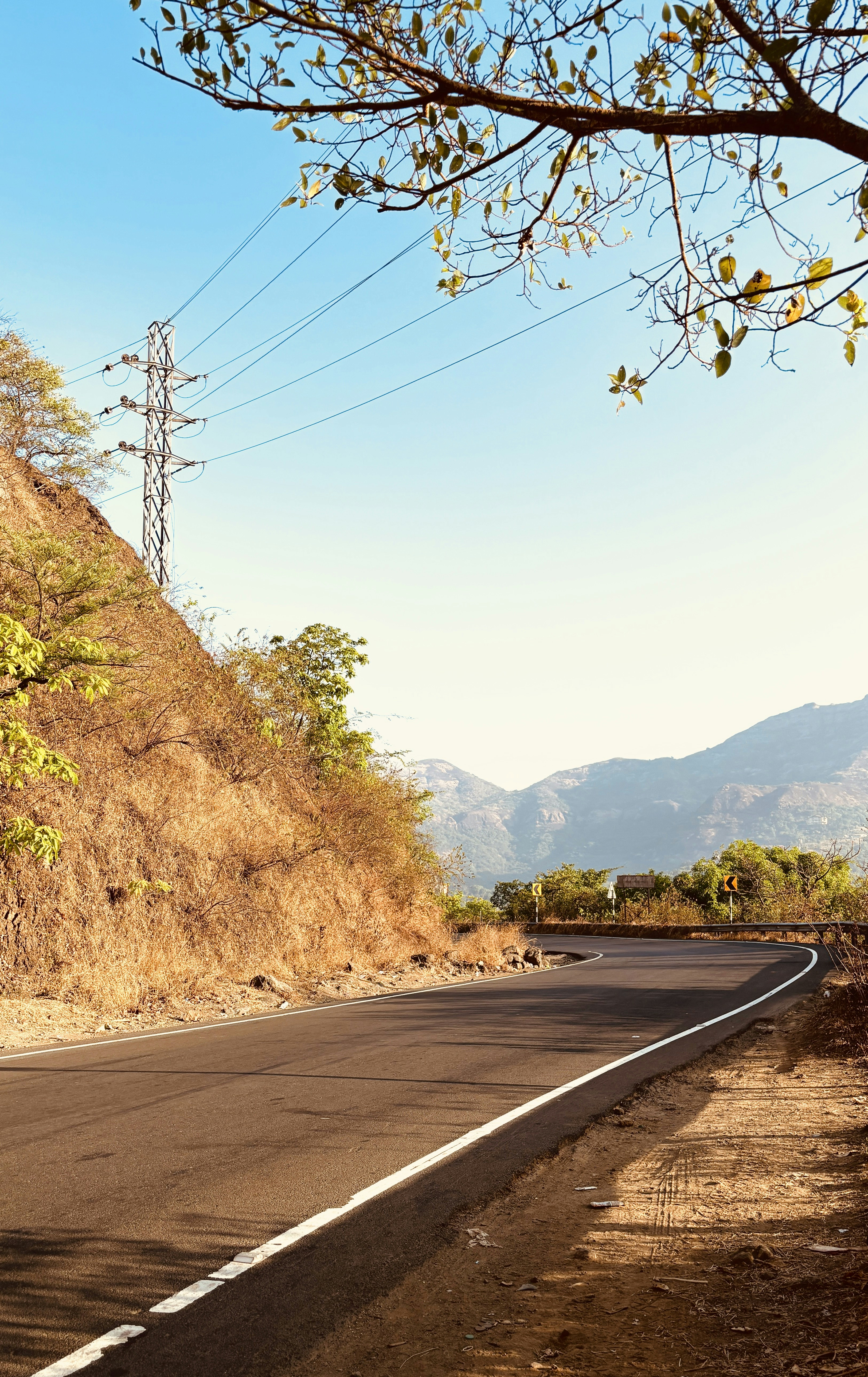 Desert Road Curve Toward the Distant Mountain Range at Golden Hour