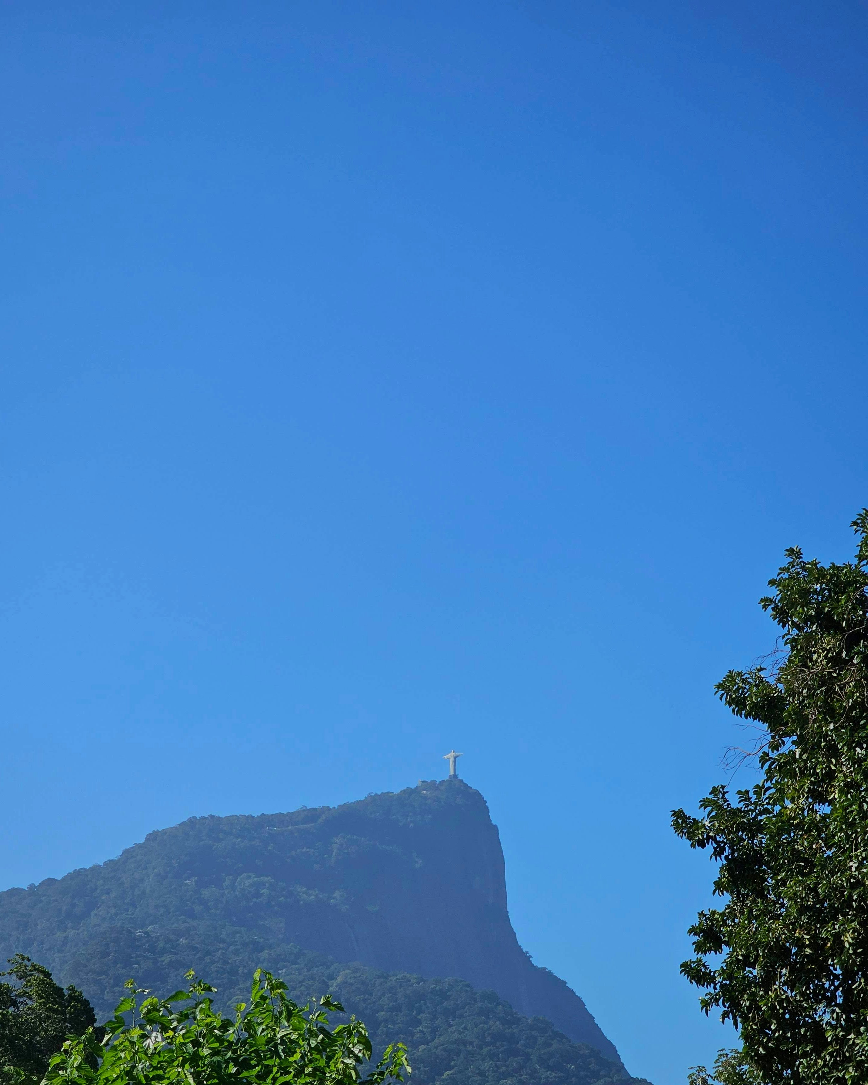 Christ the Redeemer statue atop a mountain against a clear blue sky, framed by lush greenery.