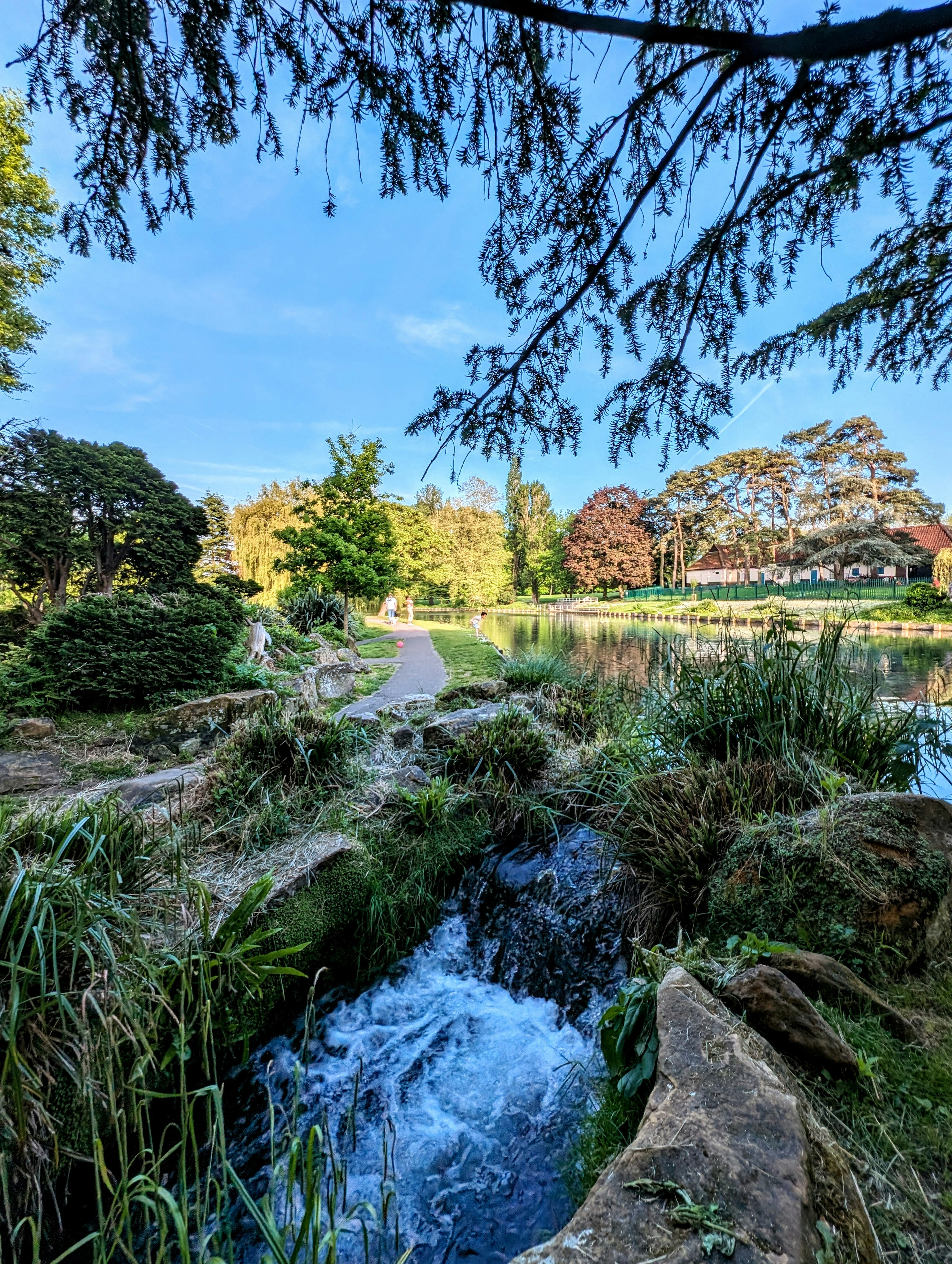 Sunlit stream winds through a manicured park with a stone path and a distant house, framed by overhanging branches.