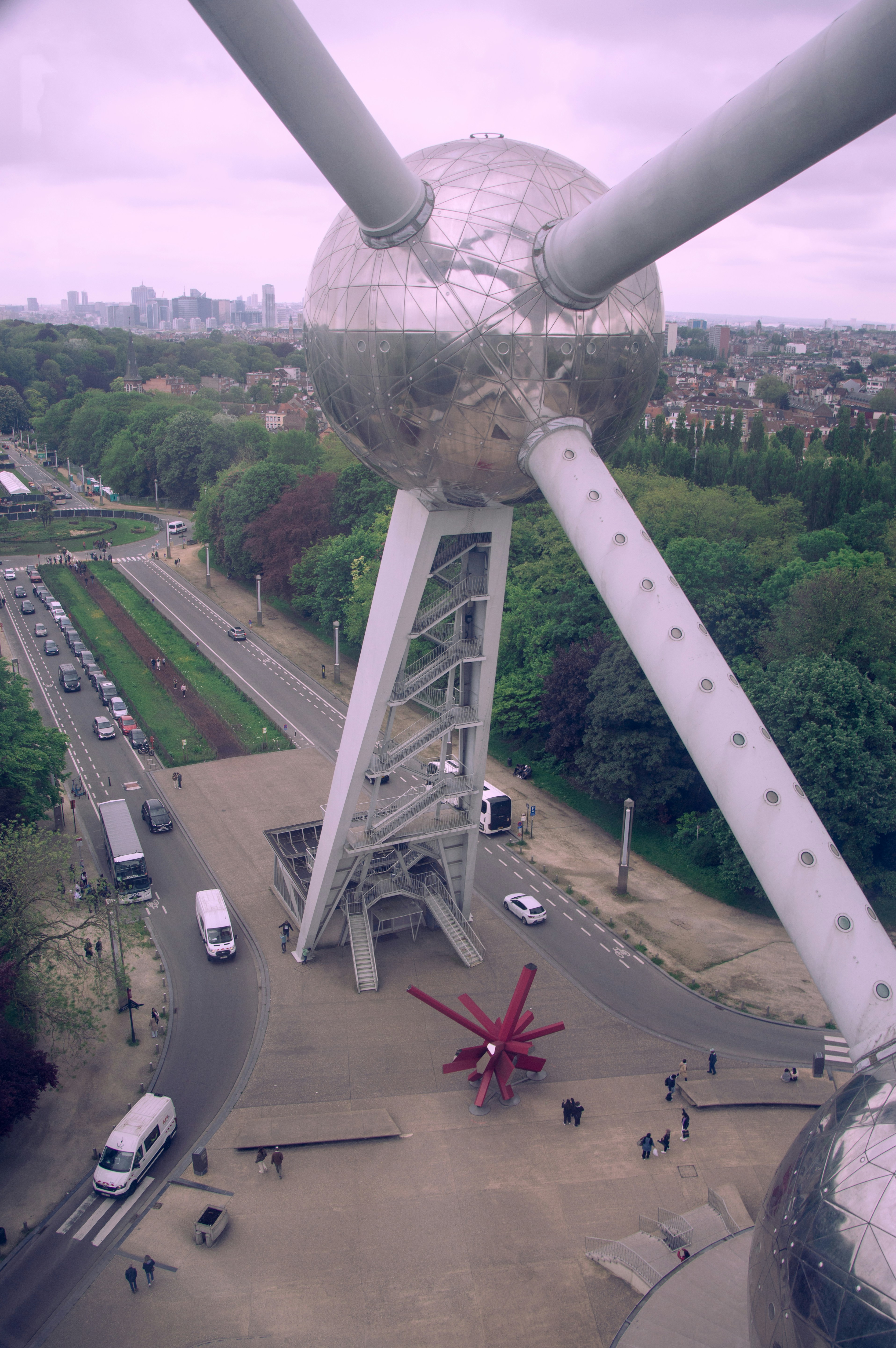 Brussels Atomium from Above: Sphere of Steel and City Streets