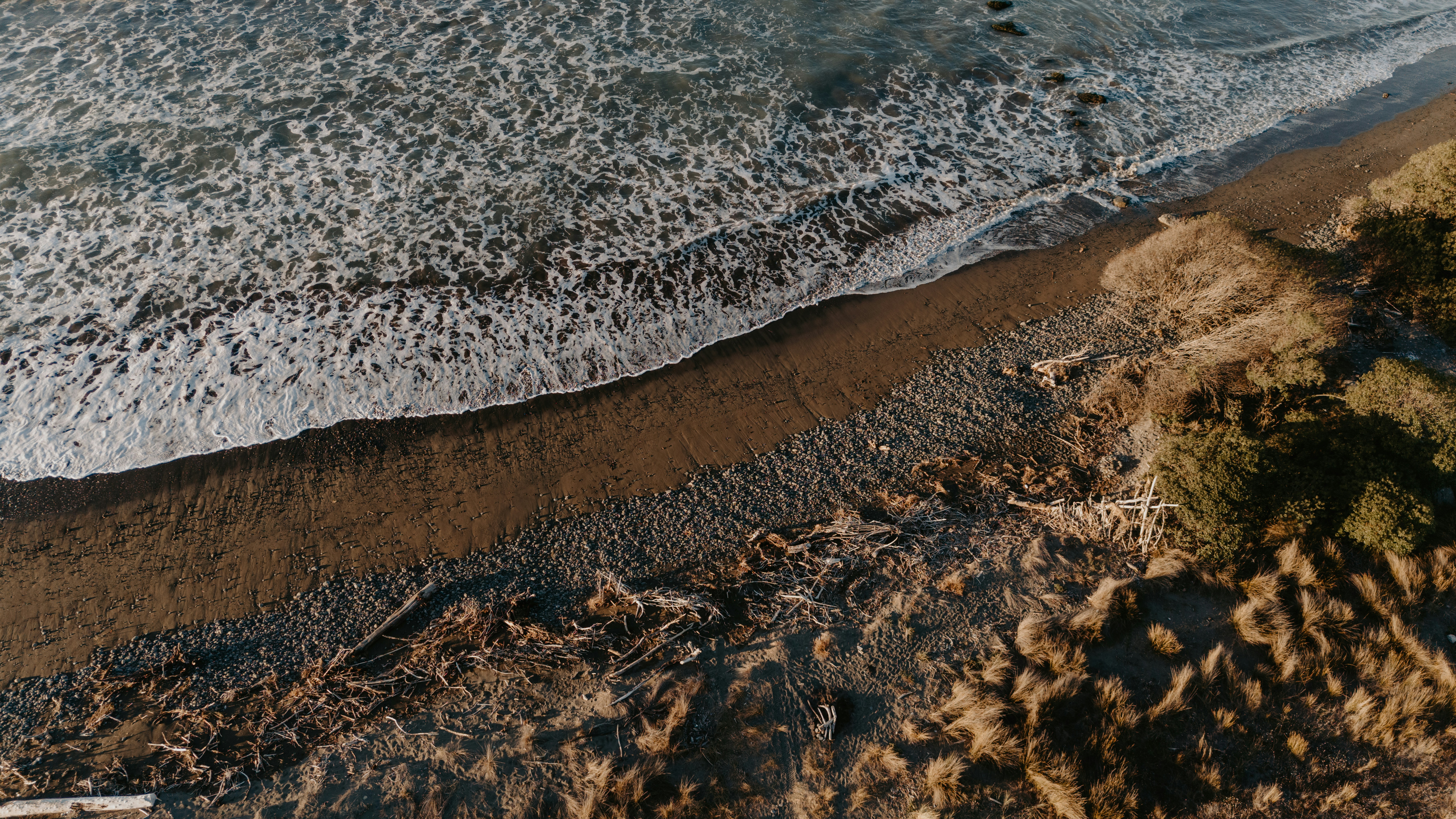 Aerial view of a sandy beach meeting the ocean, with gentle waves and sparse vegetation on the dunes.