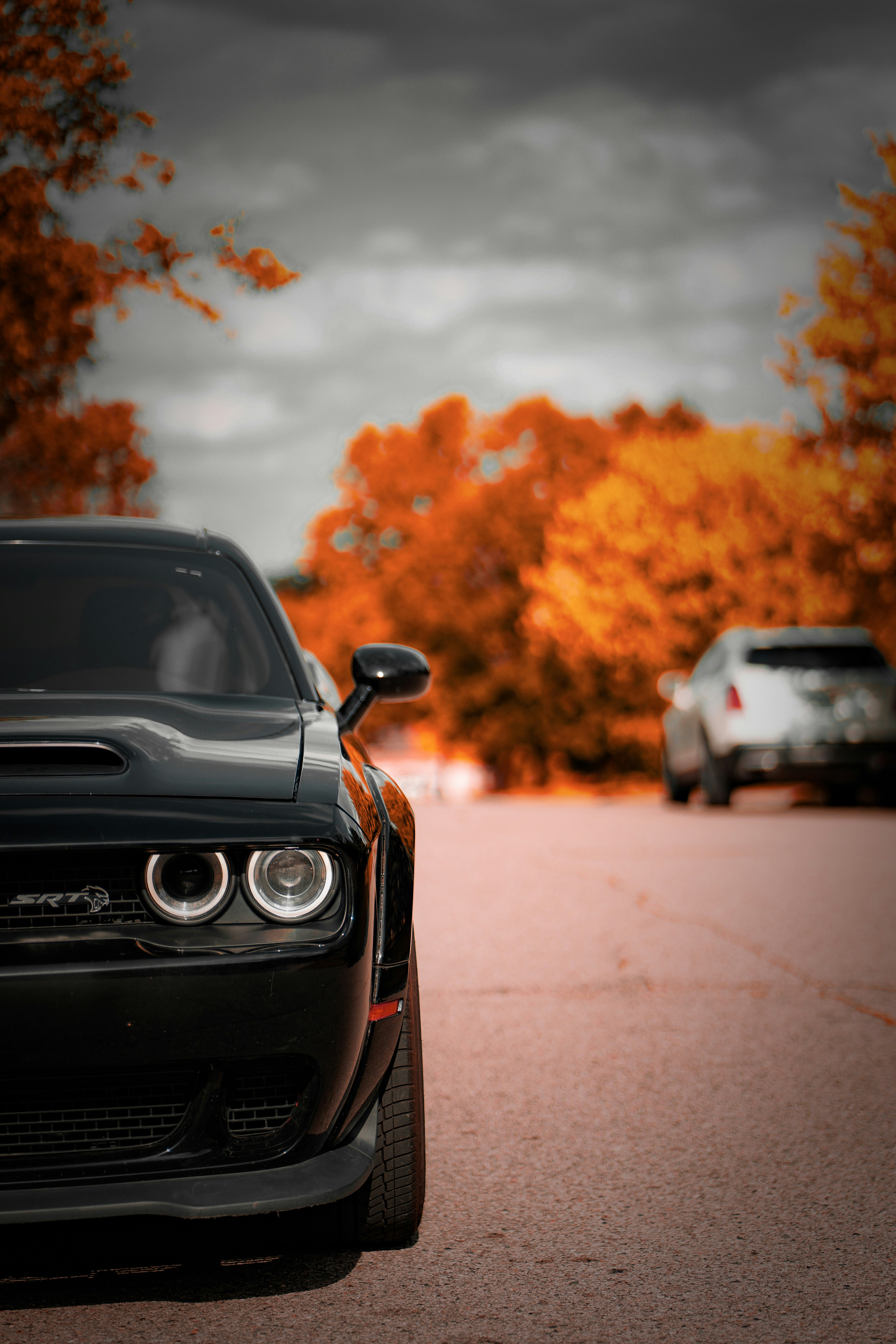 Amber-Backlit Stance: Front-Left Power of a Black Muscle Car