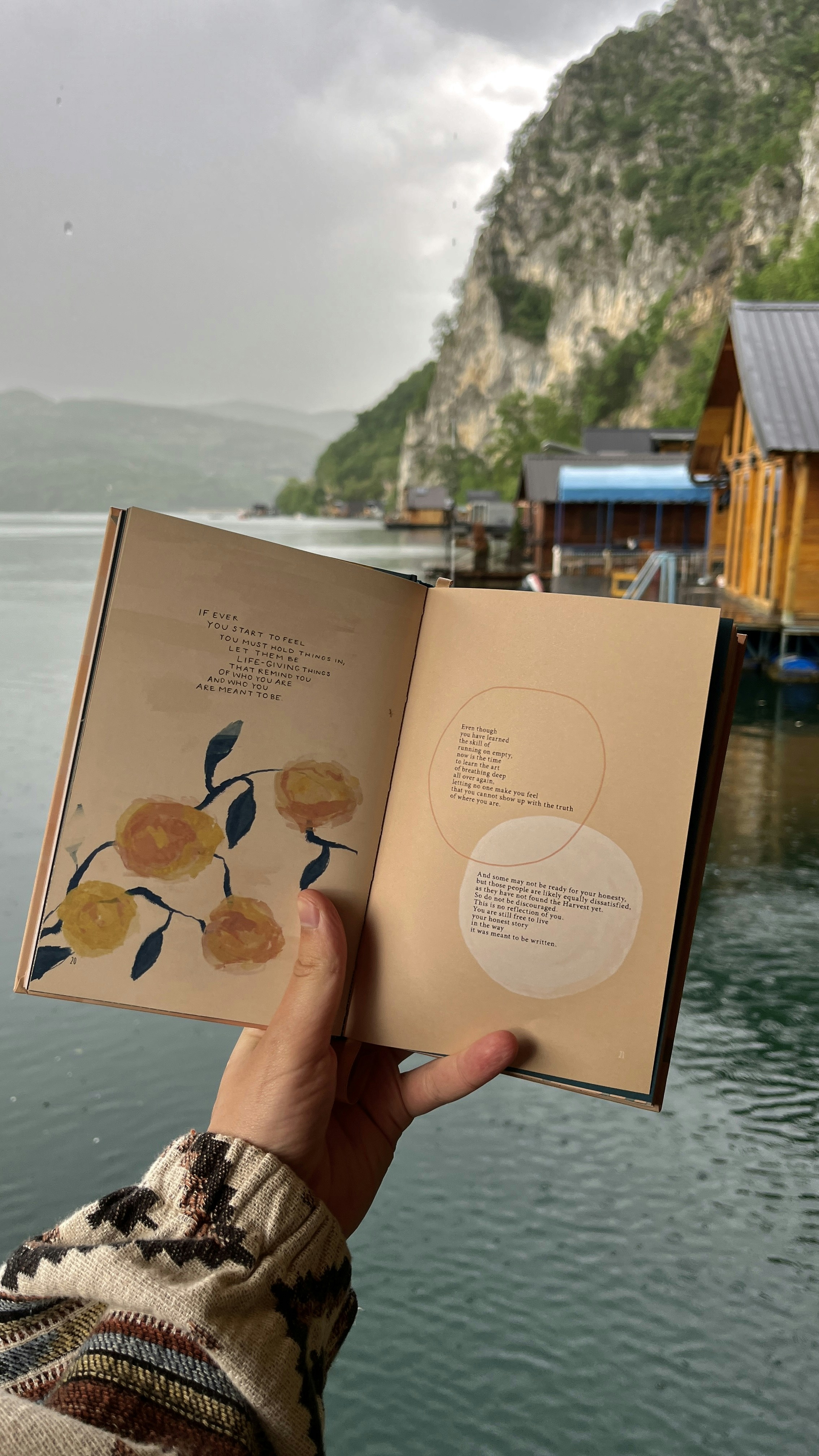 Roses and Reflections: A Handheld Book Over a Lakefront Village