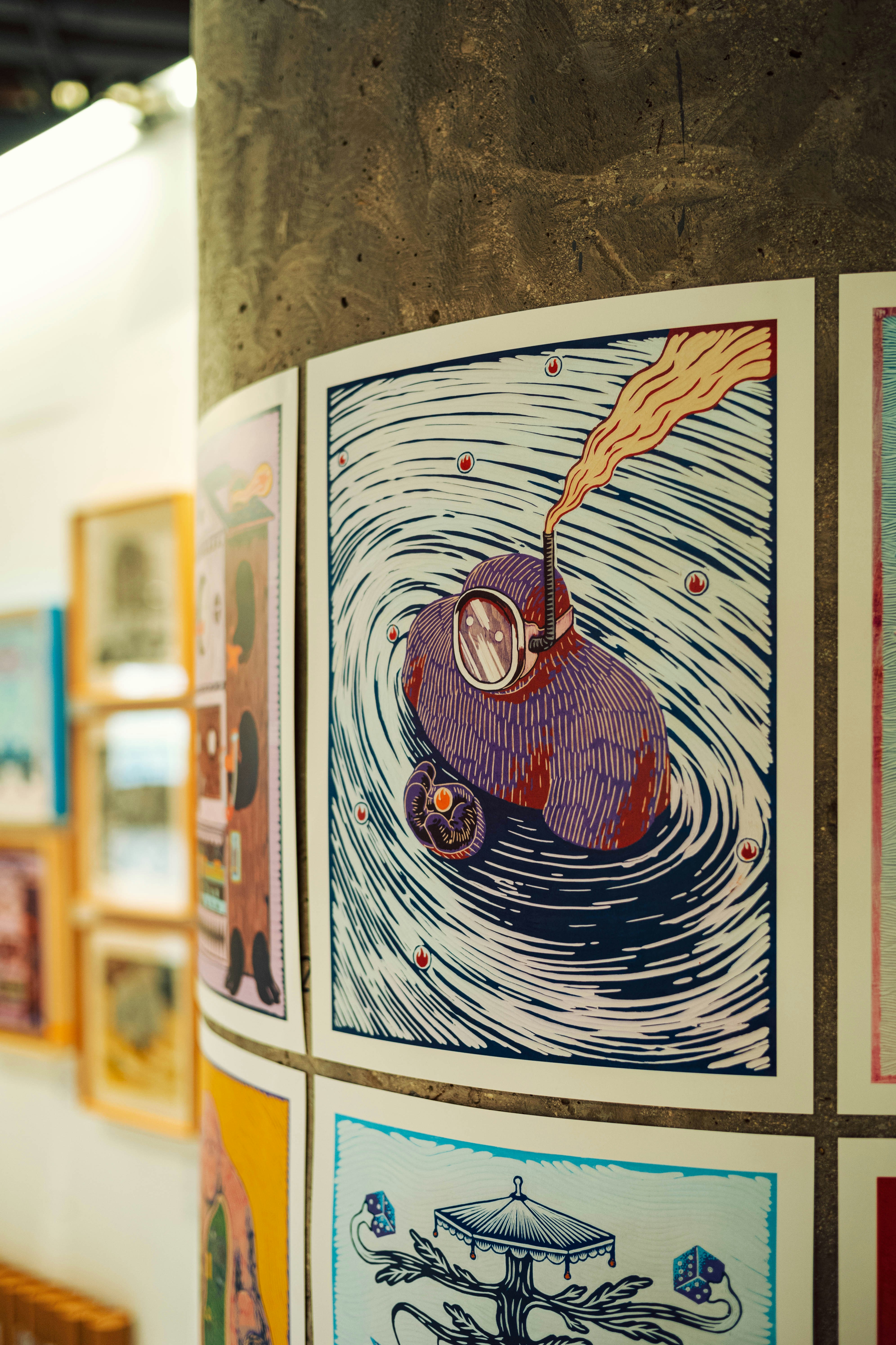 Robot-Teapot in a Whirl: A Colorful Print Amid Gallery Wall Posters
