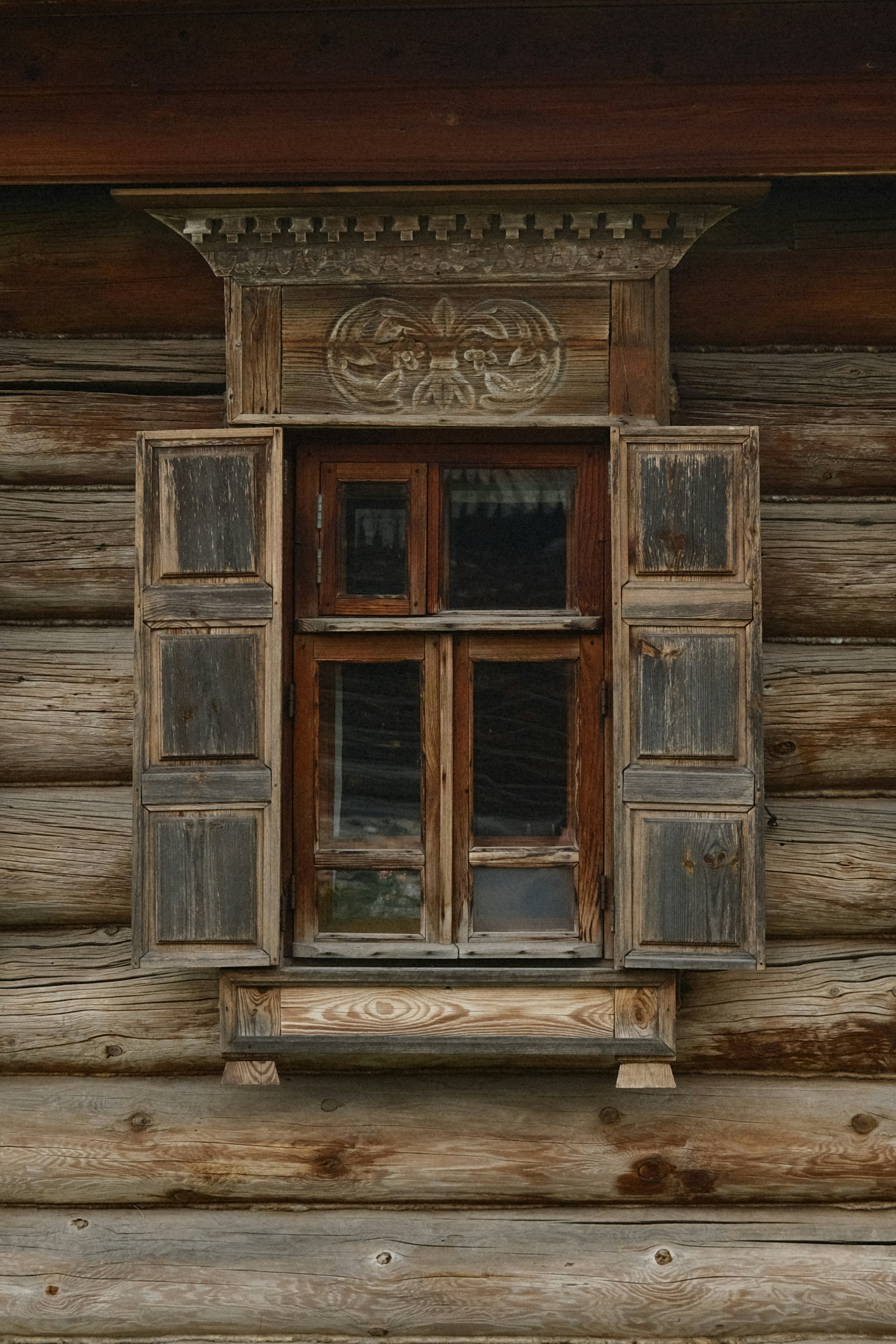 A window with wooden shutters on a log cabin photo – Free Green Image ...